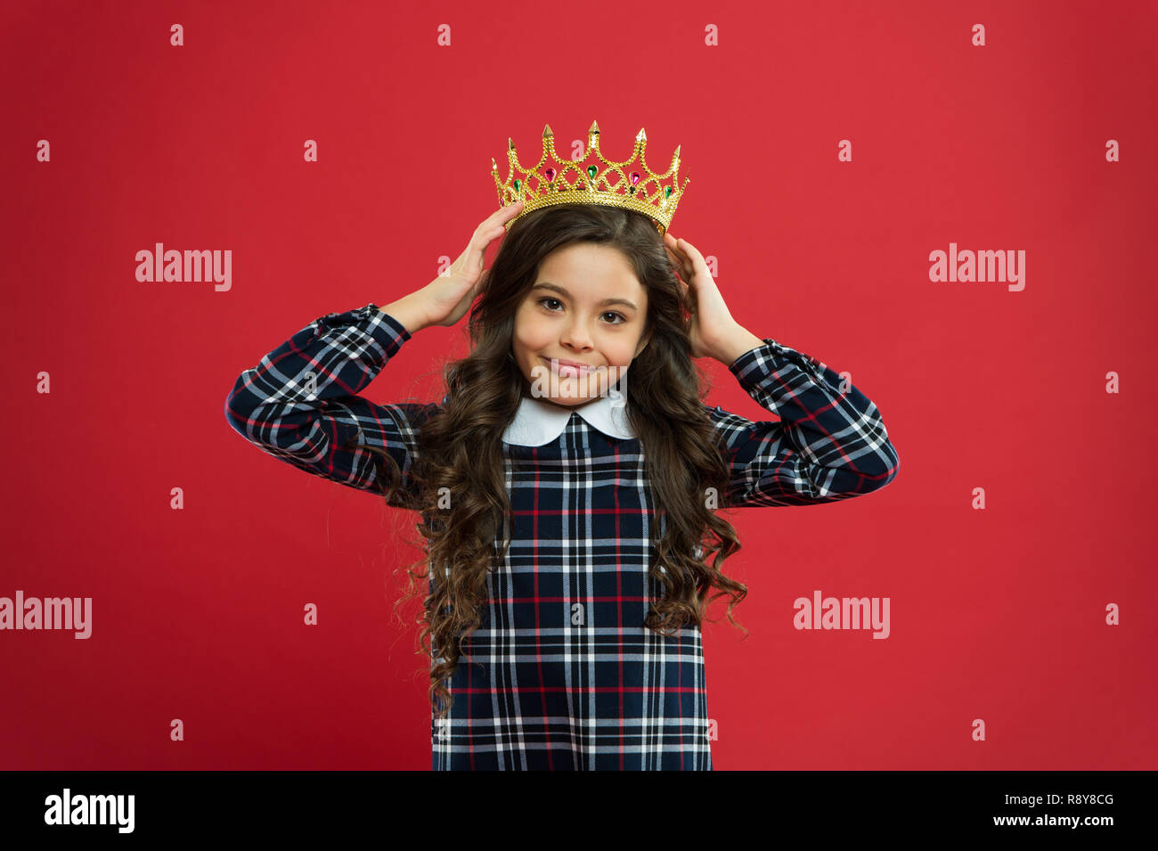 Monarch attribute. Kid wear golden crown symbol of princess. Every girl ...