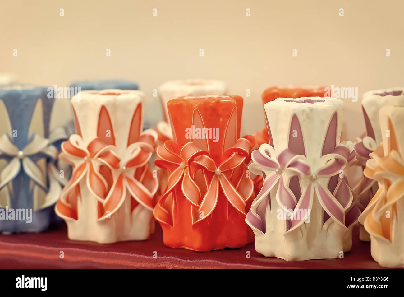 Decor, design, craft, decoration shop. Candles on shelf in decoration ...