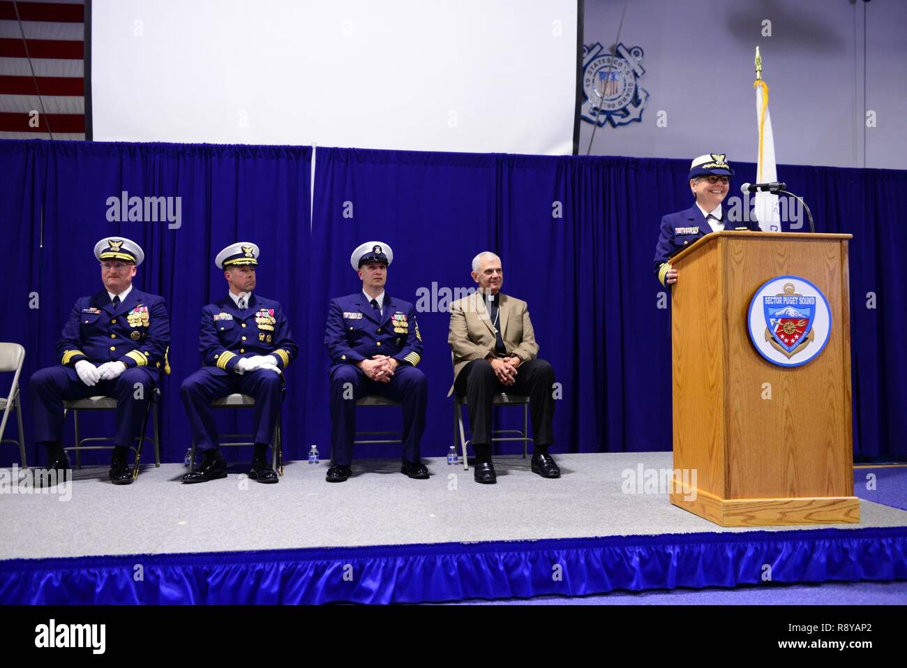 Capt. Linda Sturgis speaks at the Coast Guard Sector Puget Sound during ...