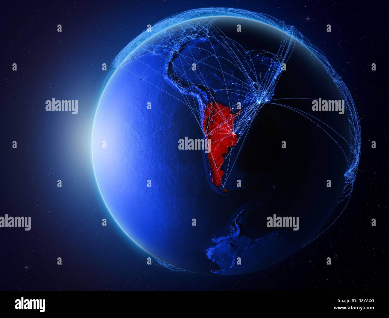 Argentina from space on planet Earth with blue digital network ...