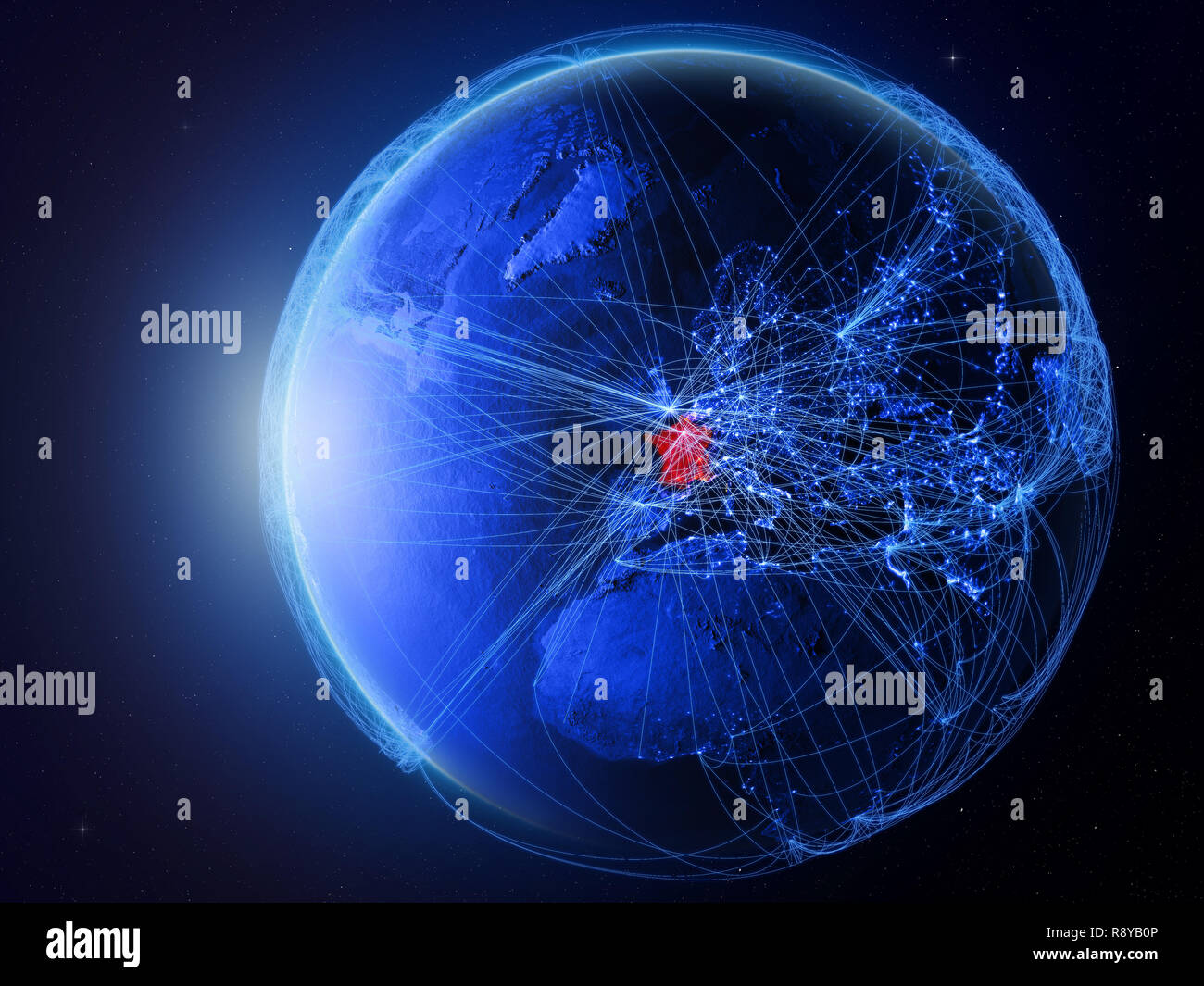 France from space on planet Earth with blue digital network ...