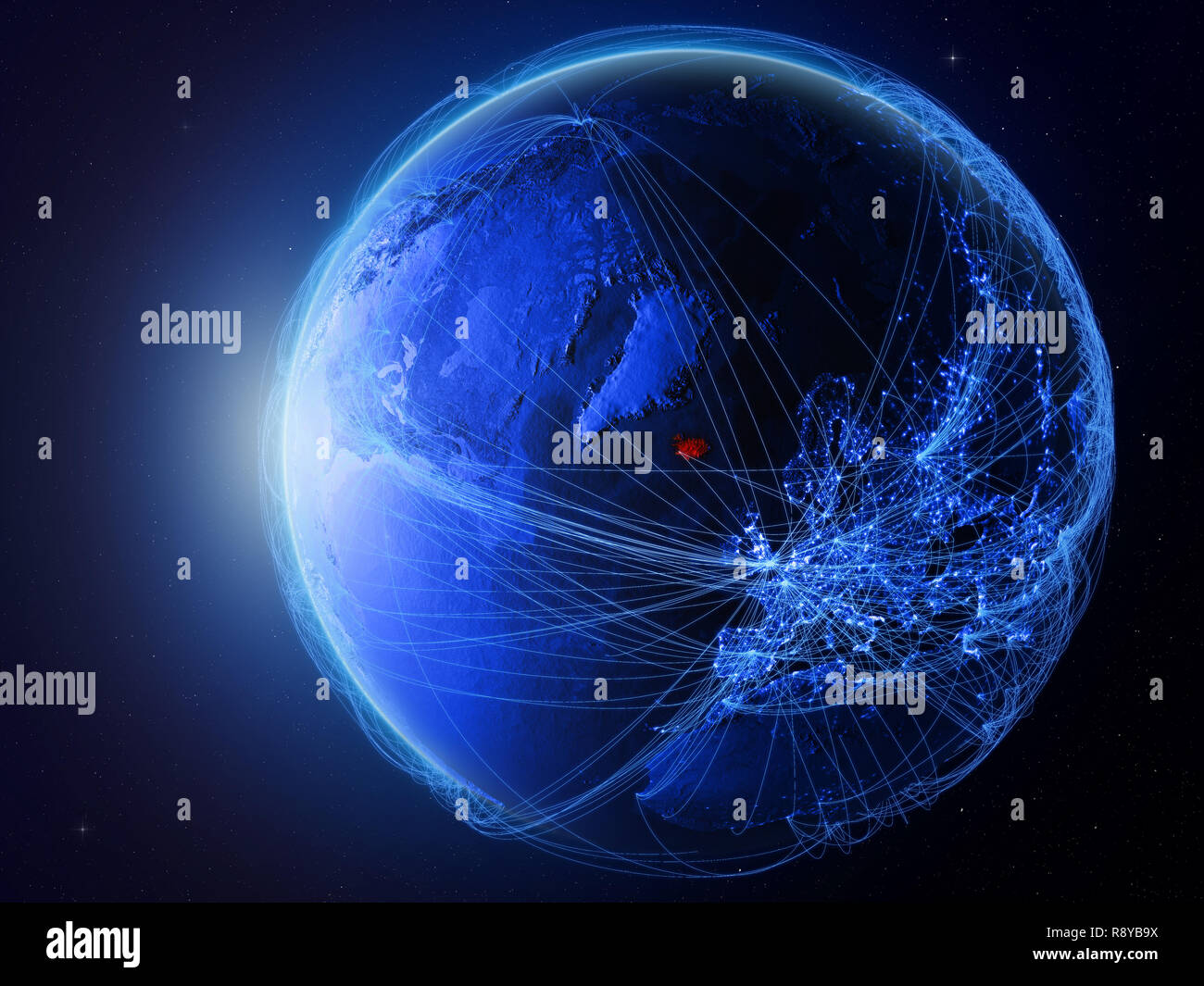 Iceland from space on planet Earth with blue digital network ...