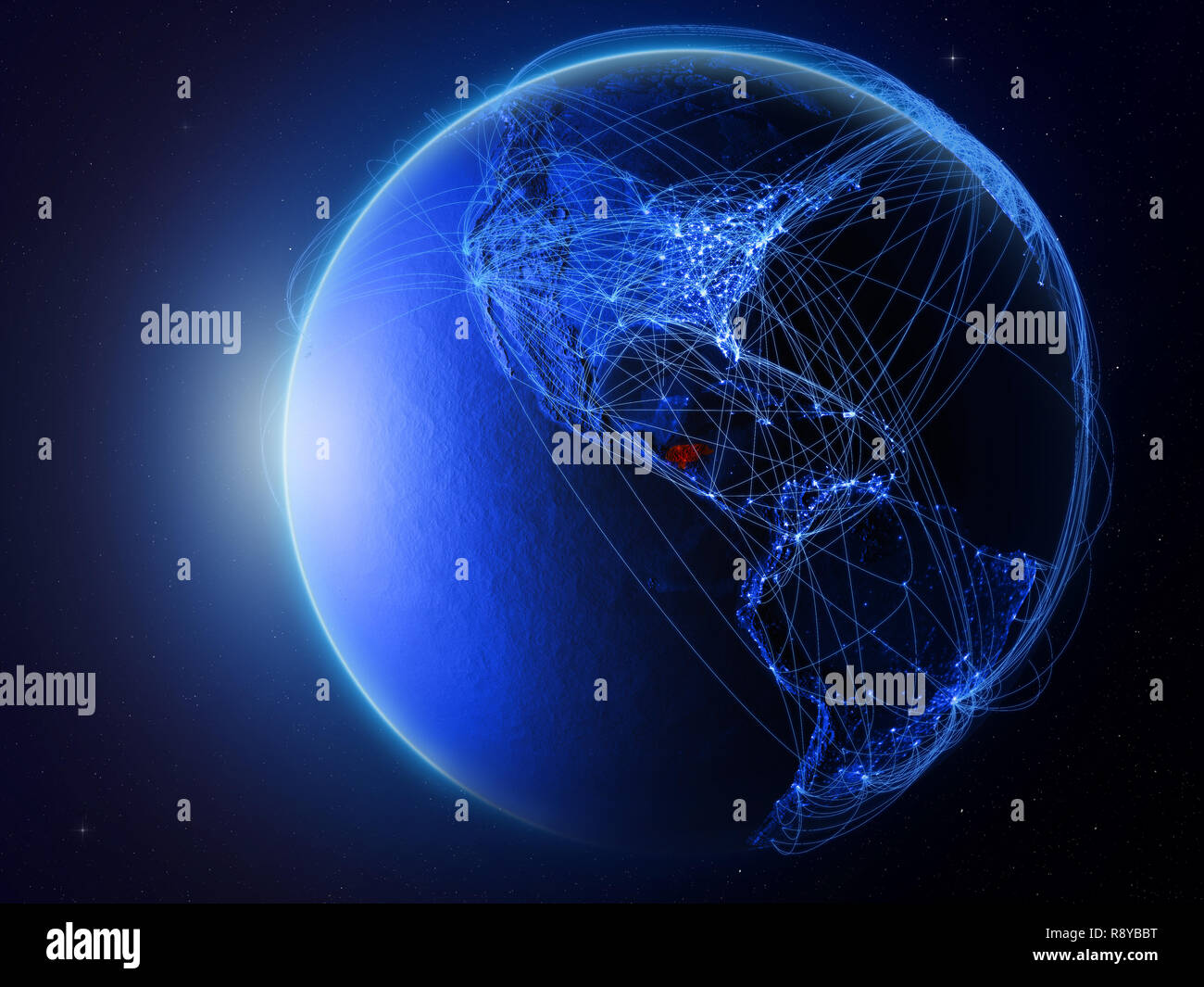 Honduras from space on planet Earth with blue digital network representing international ...