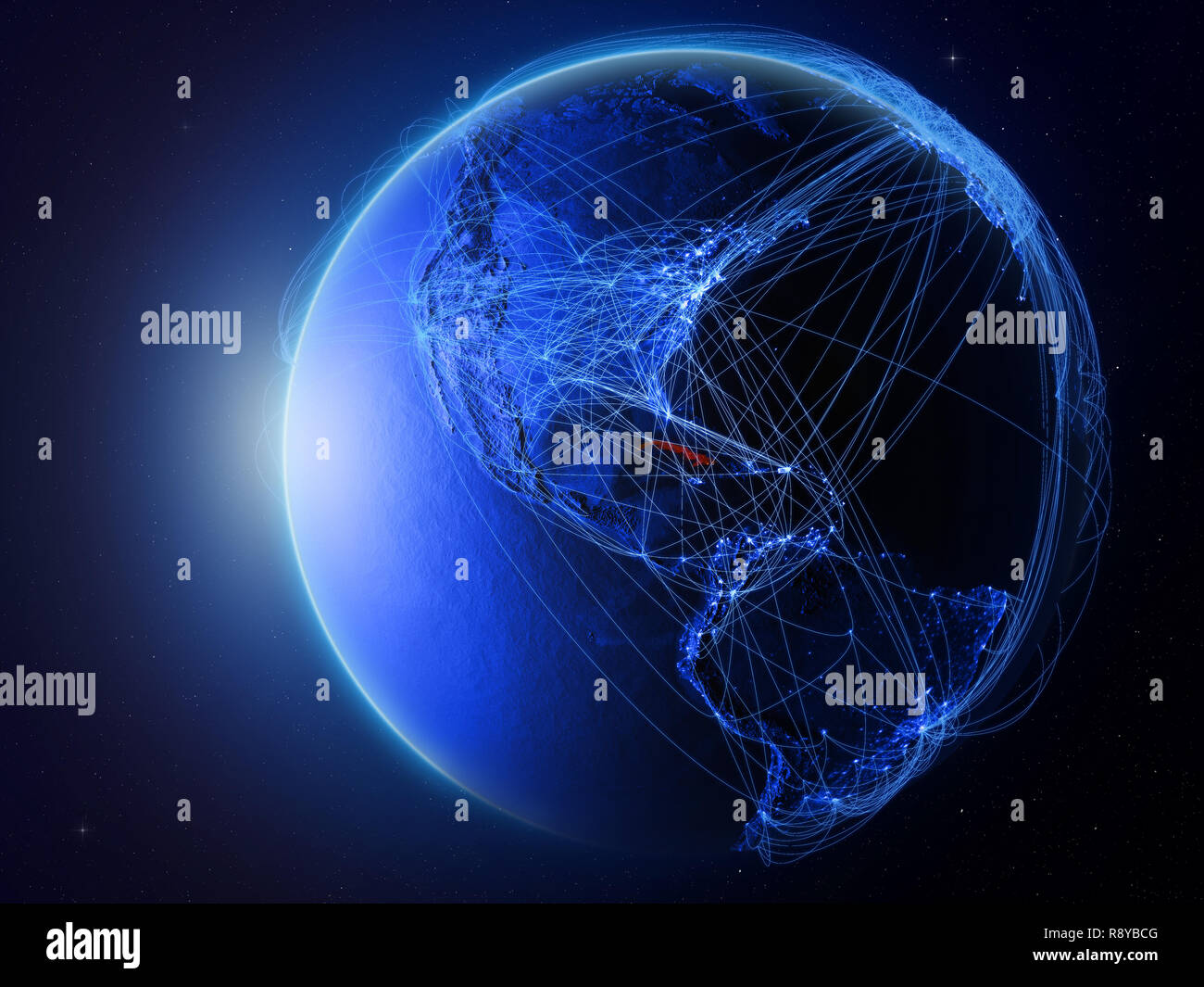 Cuba from space on planet Earth with blue digital network representing ...