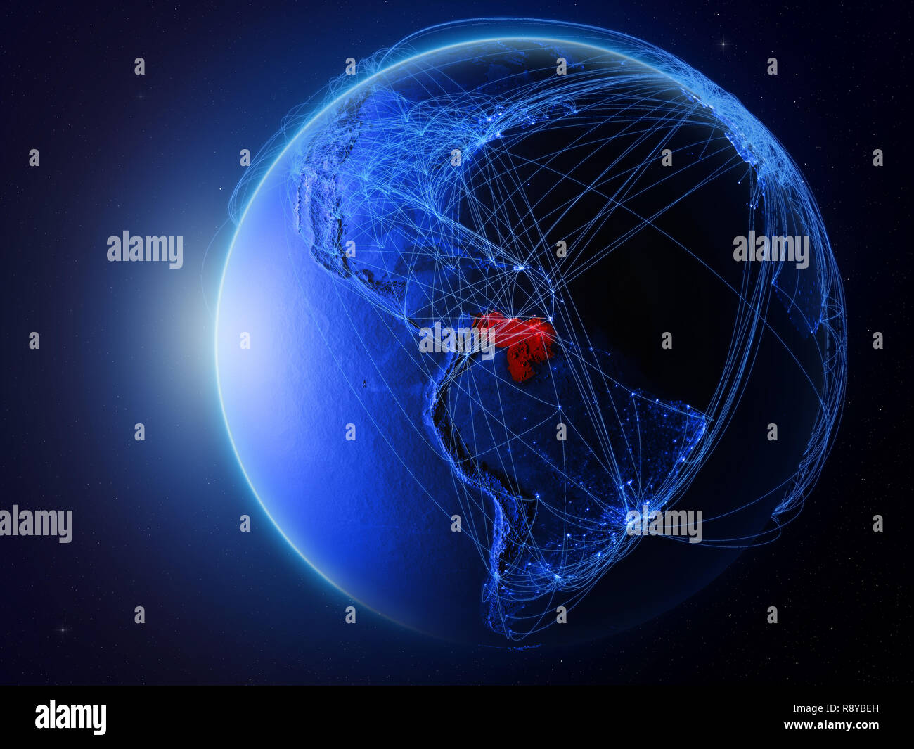 Venezuela from space on planet Earth with blue digital network ...