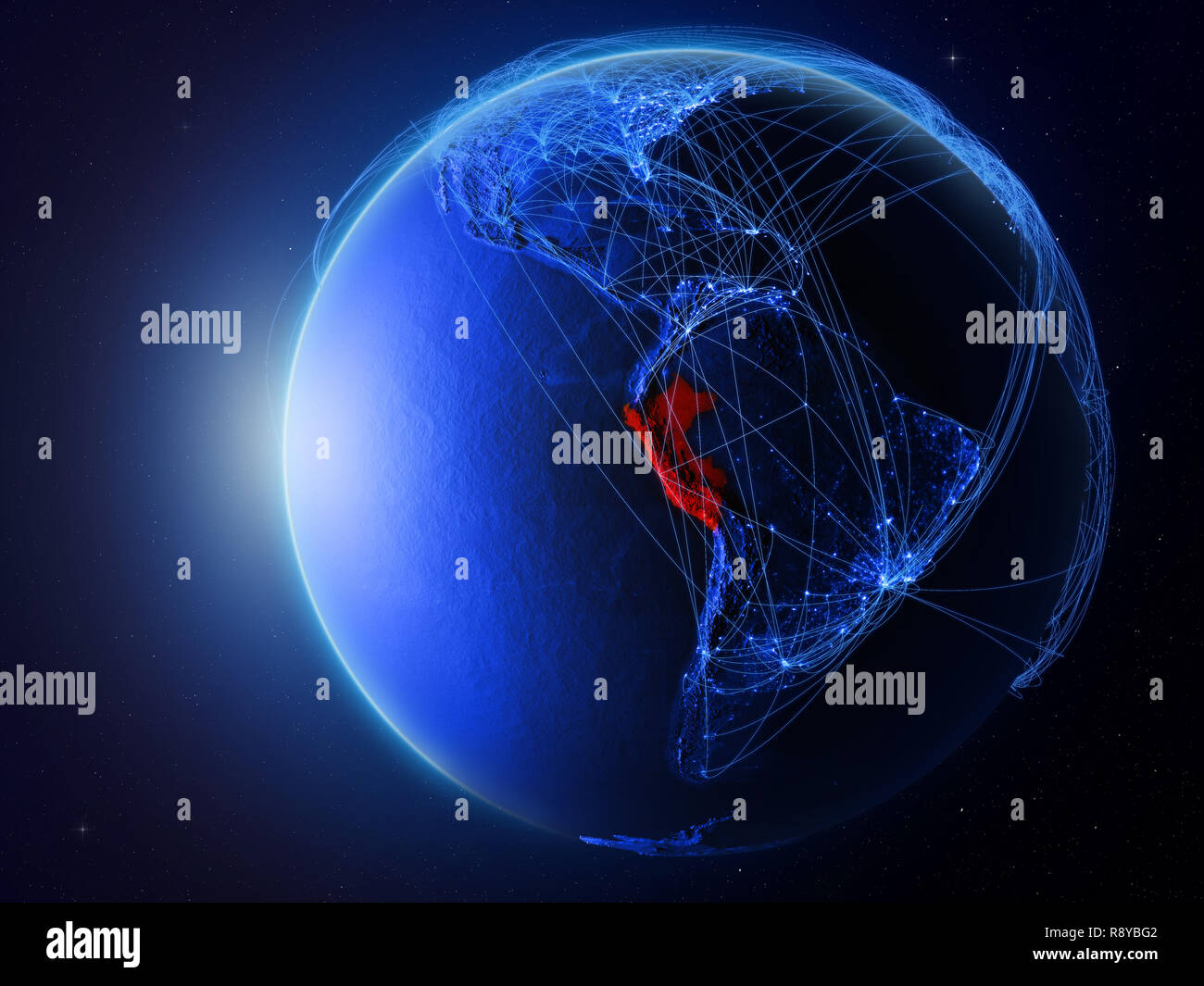 Peru from space on planet Earth with blue digital network representing ...