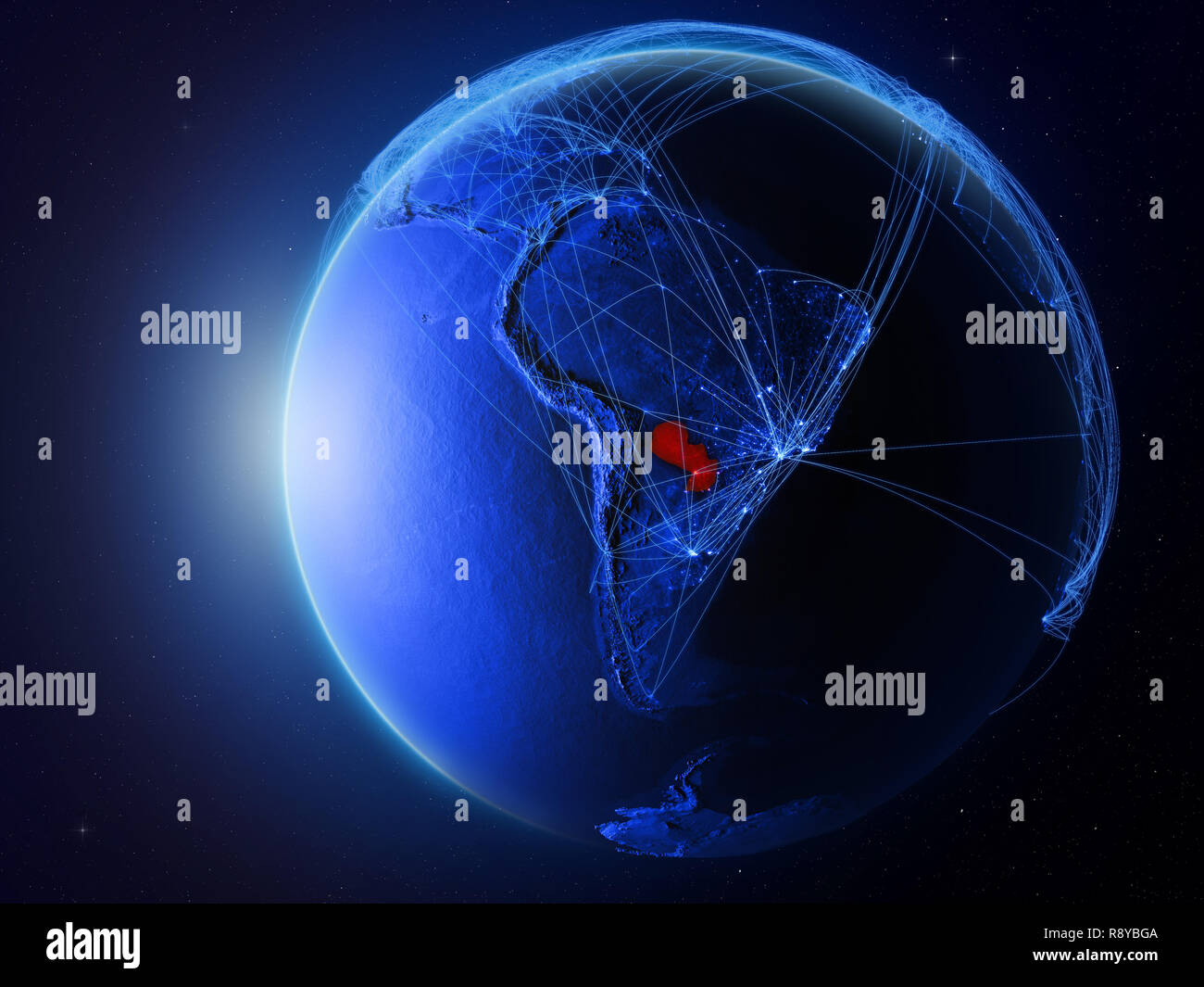Paraguay from space on planet Earth with blue digital network ...