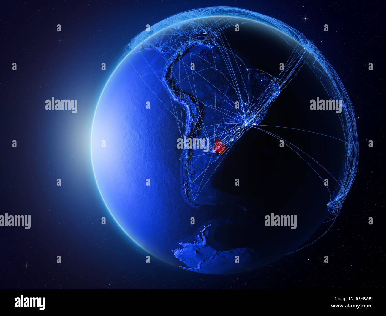 Uruguay from space on planet Earth with blue digital network ...