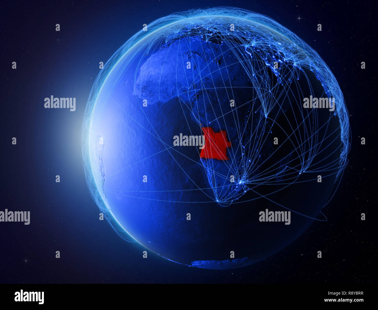 Angola from space on planet Earth with blue digital network ...