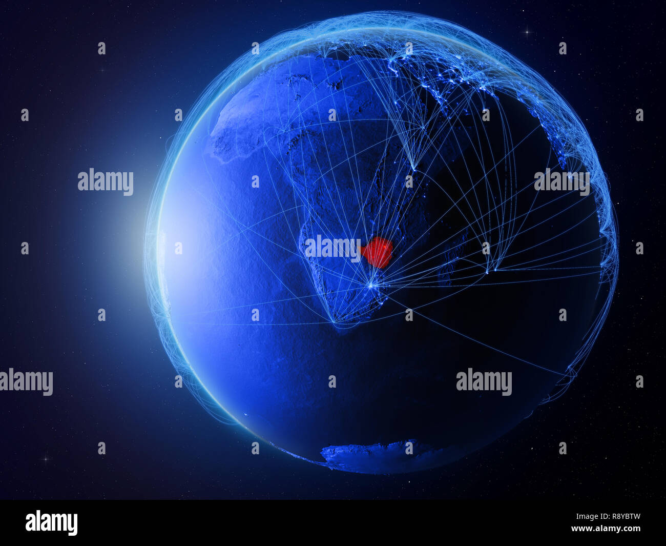 Zimbabwe from space on planet Earth with blue digital network ...