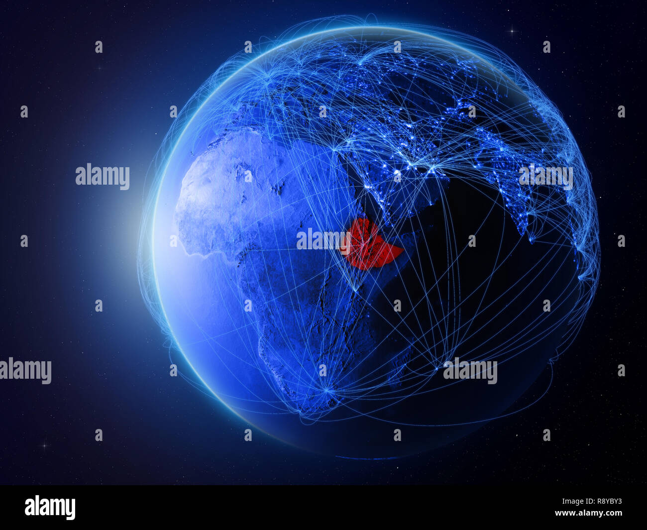 Ethiopia from space on planet Earth with blue digital network ...