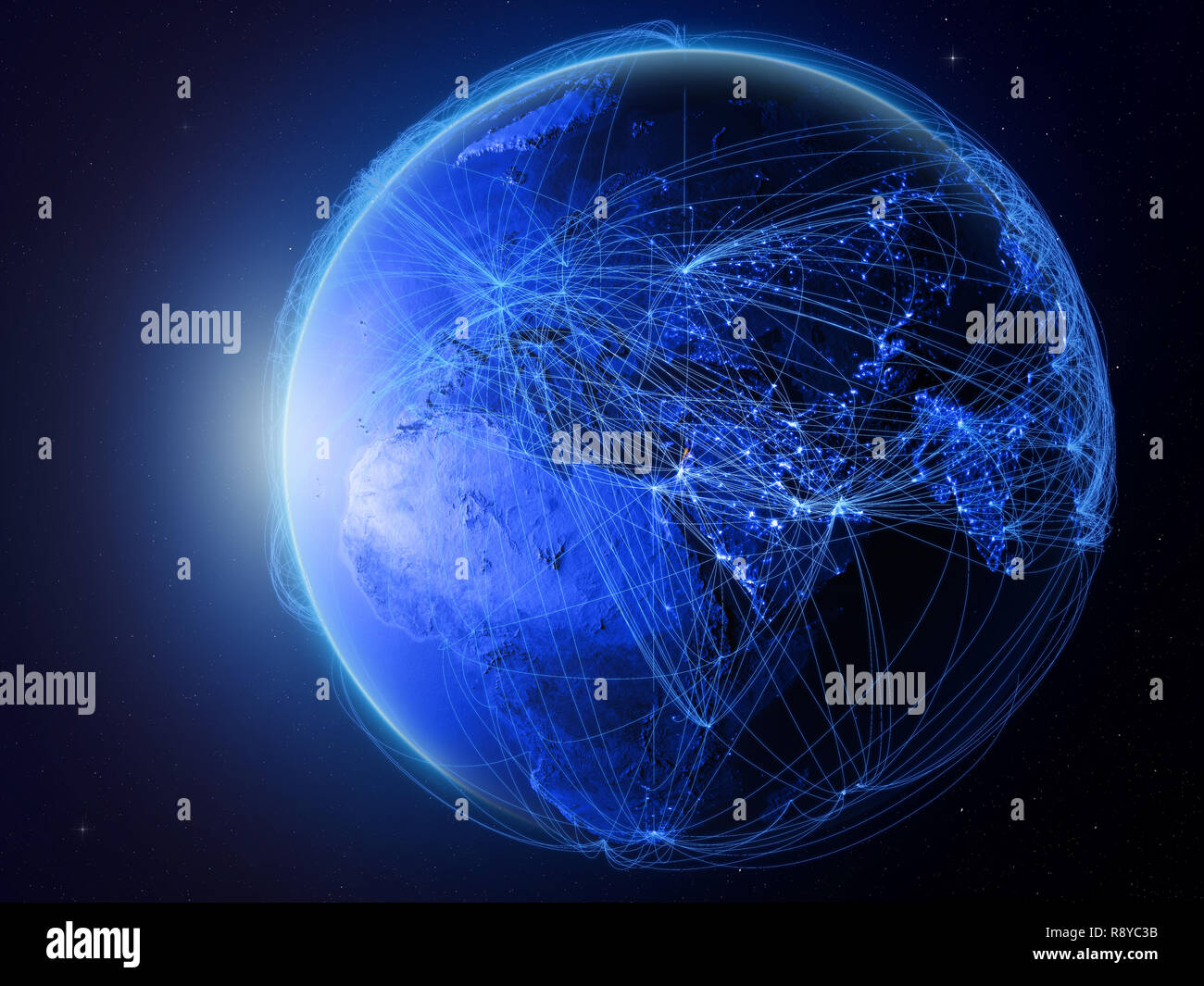 Lebanon from space on planet Earth with blue digital network ...
