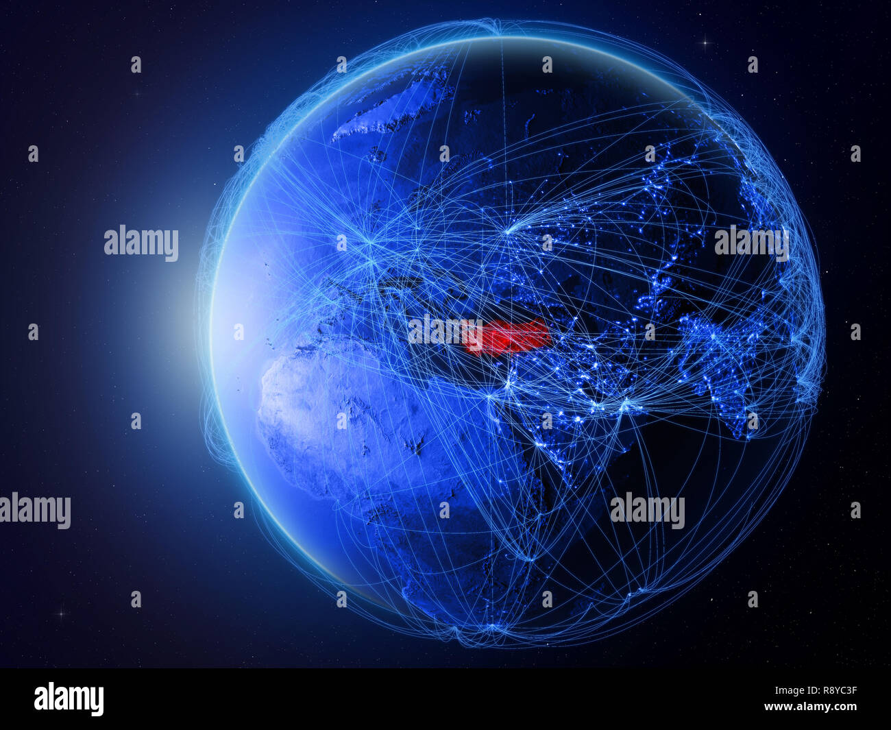 Turkey from space on planet Earth with blue digital network ...