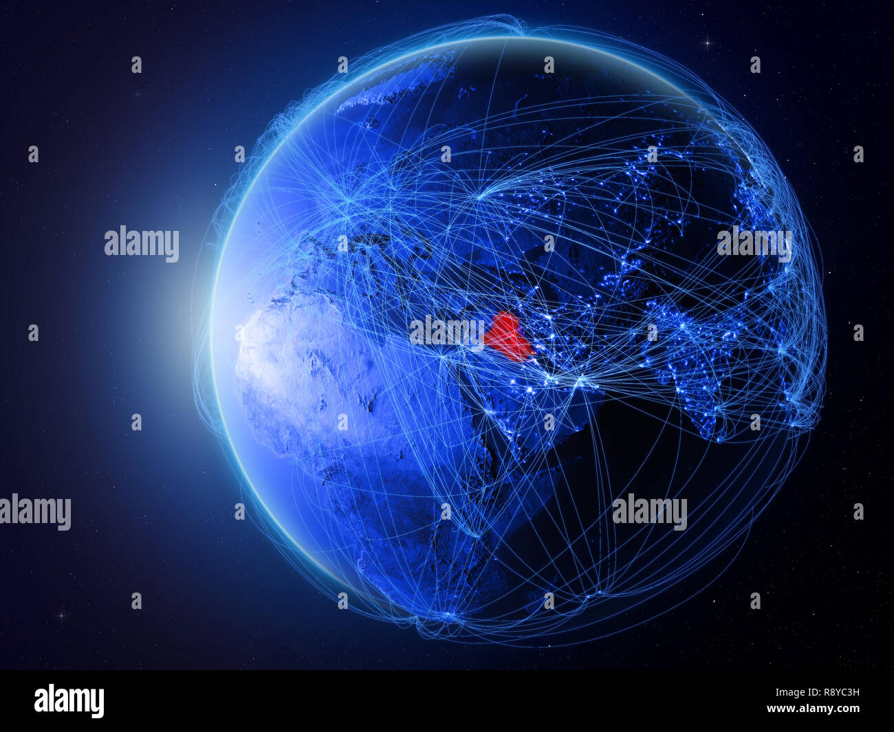 Iraq from space on planet Earth with blue digital network representing ...
