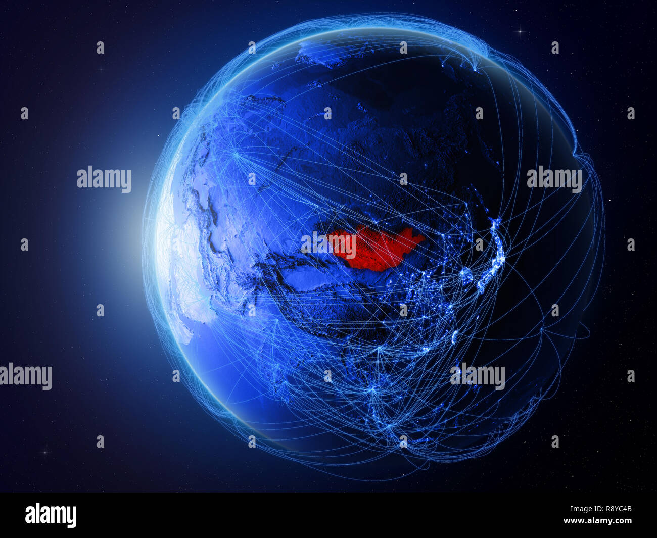 Mongolia from space on planet Earth with blue digital network ...