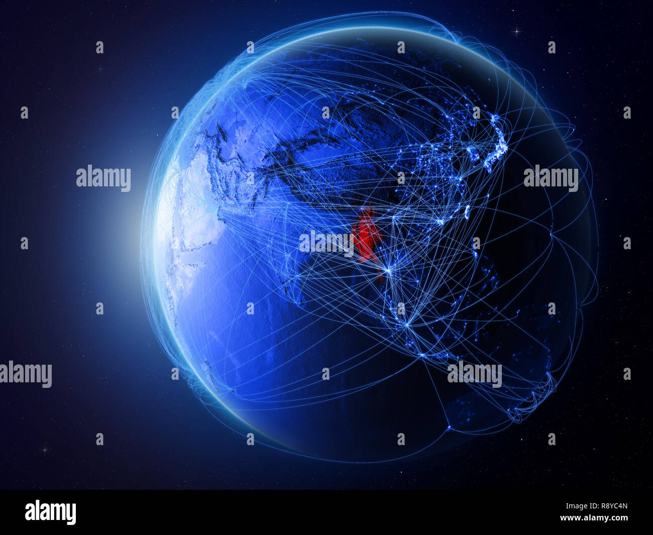 Myanmar from space on planet Earth with blue digital network ...