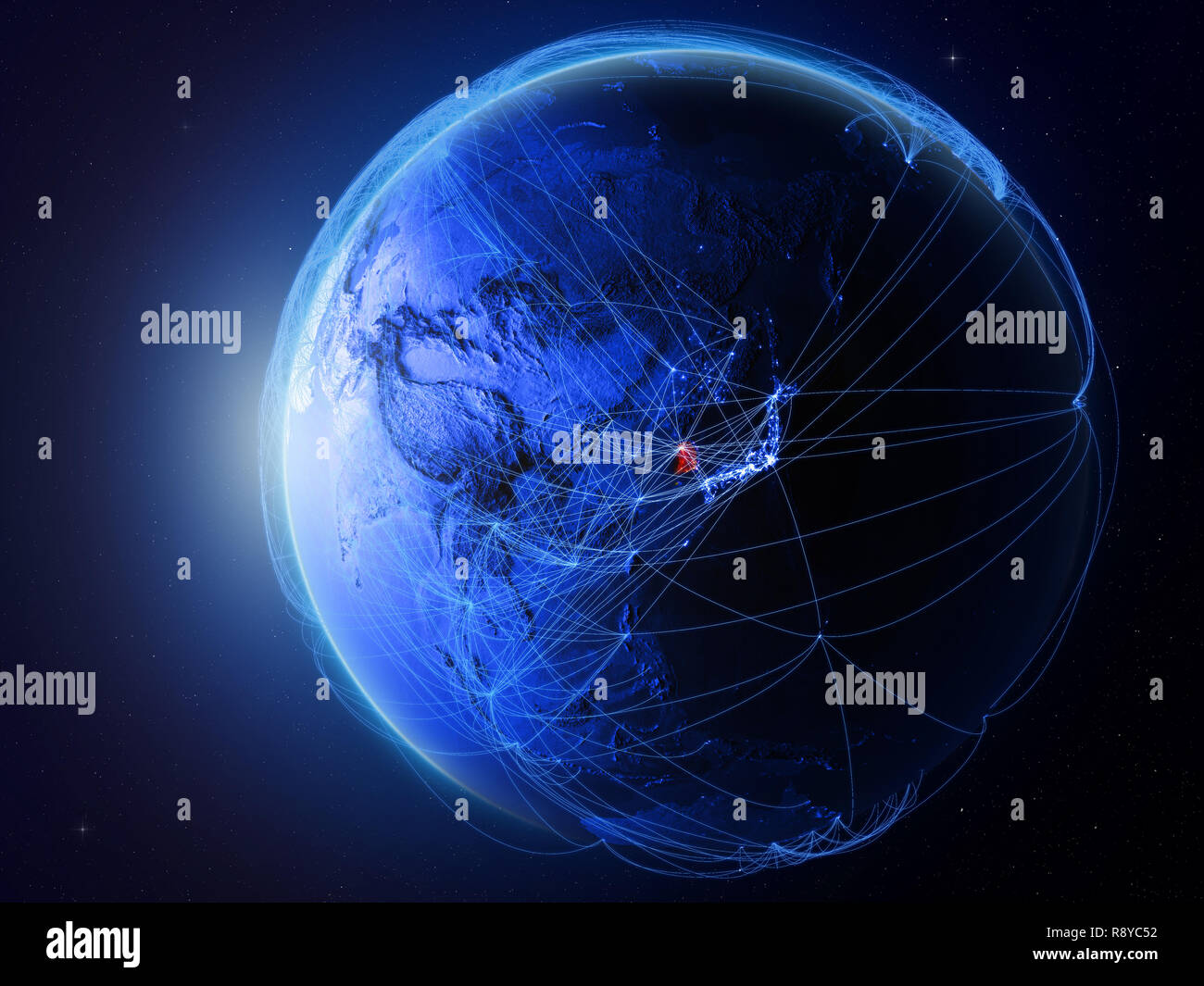 South Korea from space on planet Earth with blue digital network ...