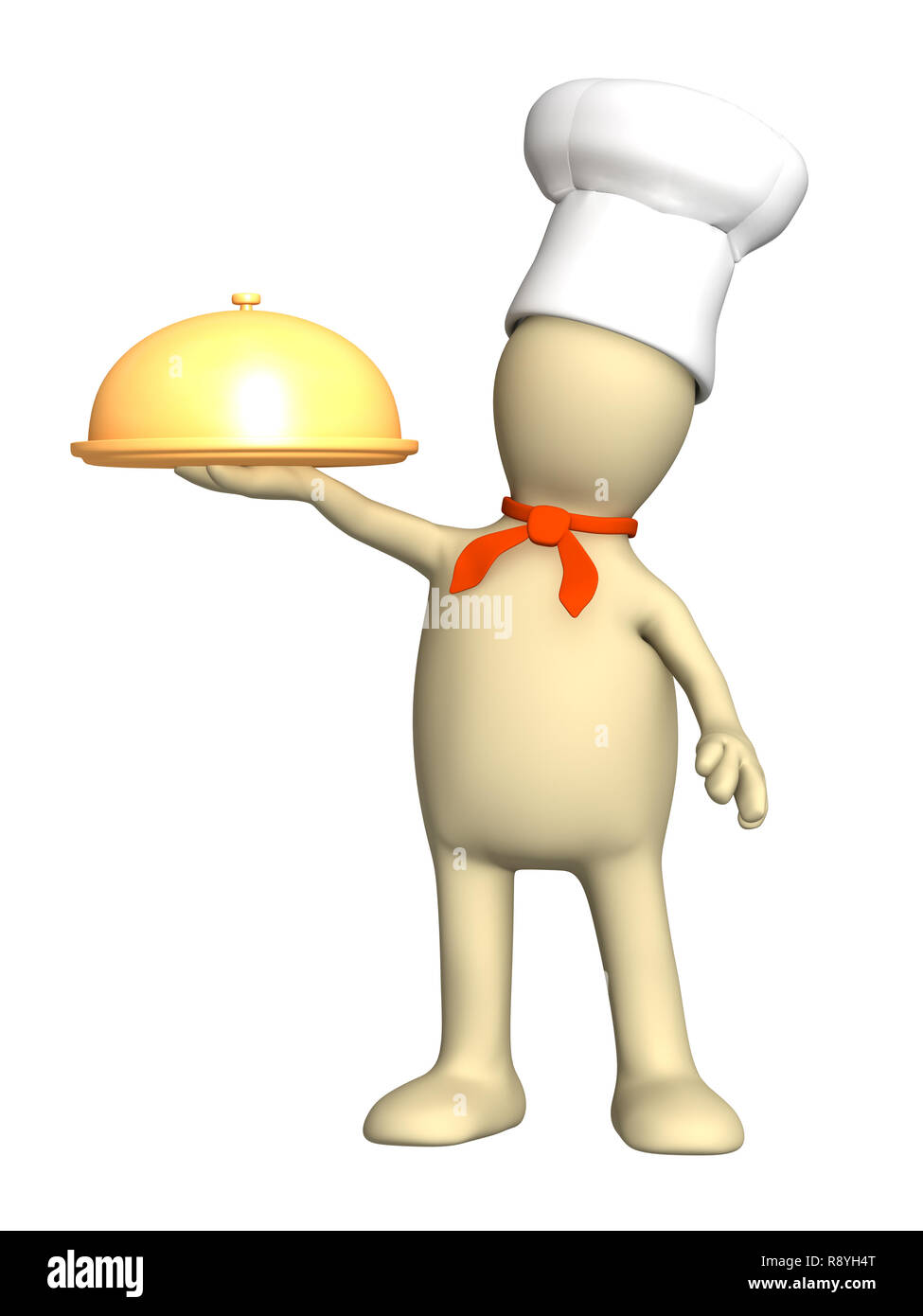 3d puppet - cook, holding in a hand a golden dish. Objects over white ...