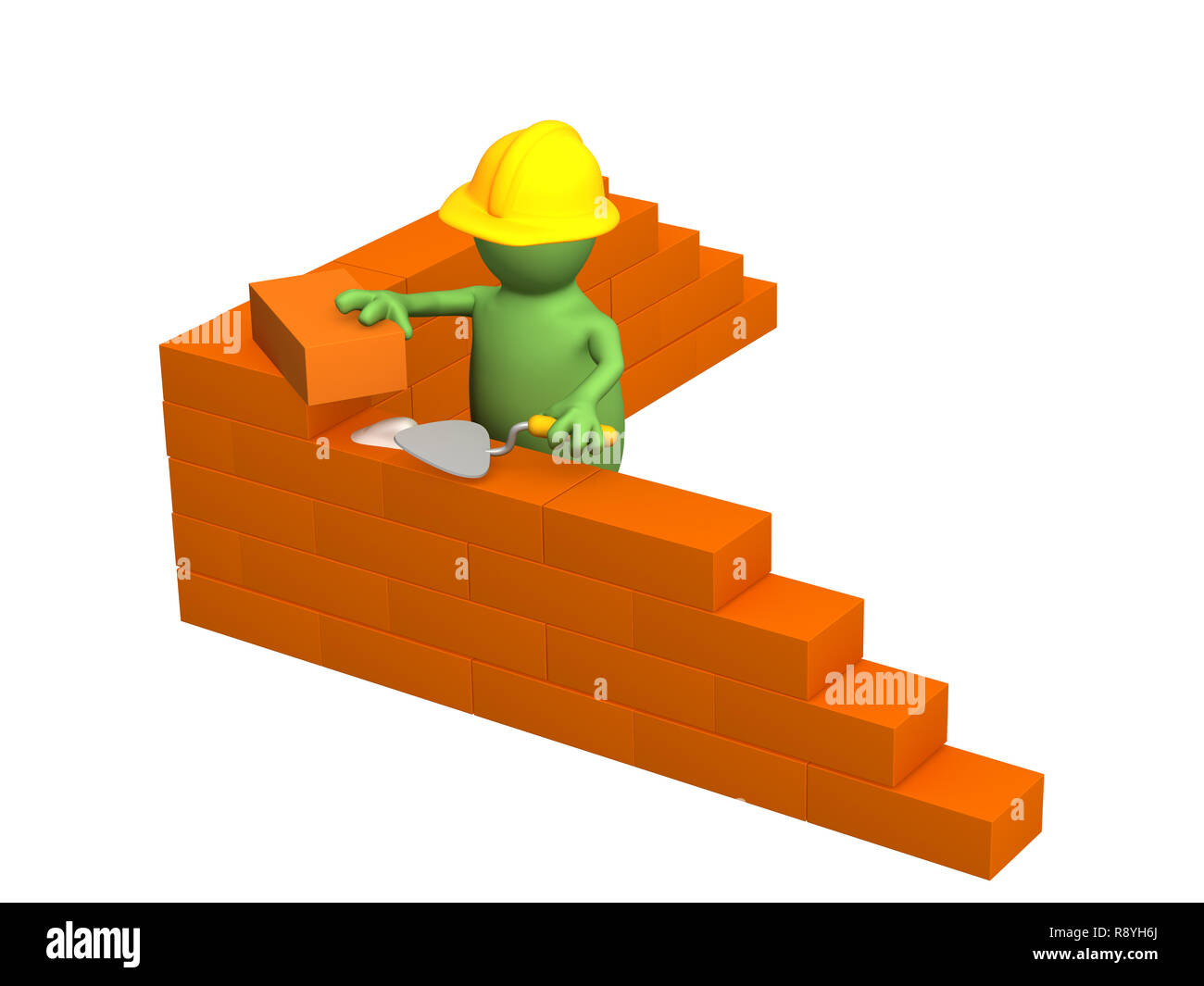 3d puppet - builder, building a orange brick wall Stock Photo - Alamy