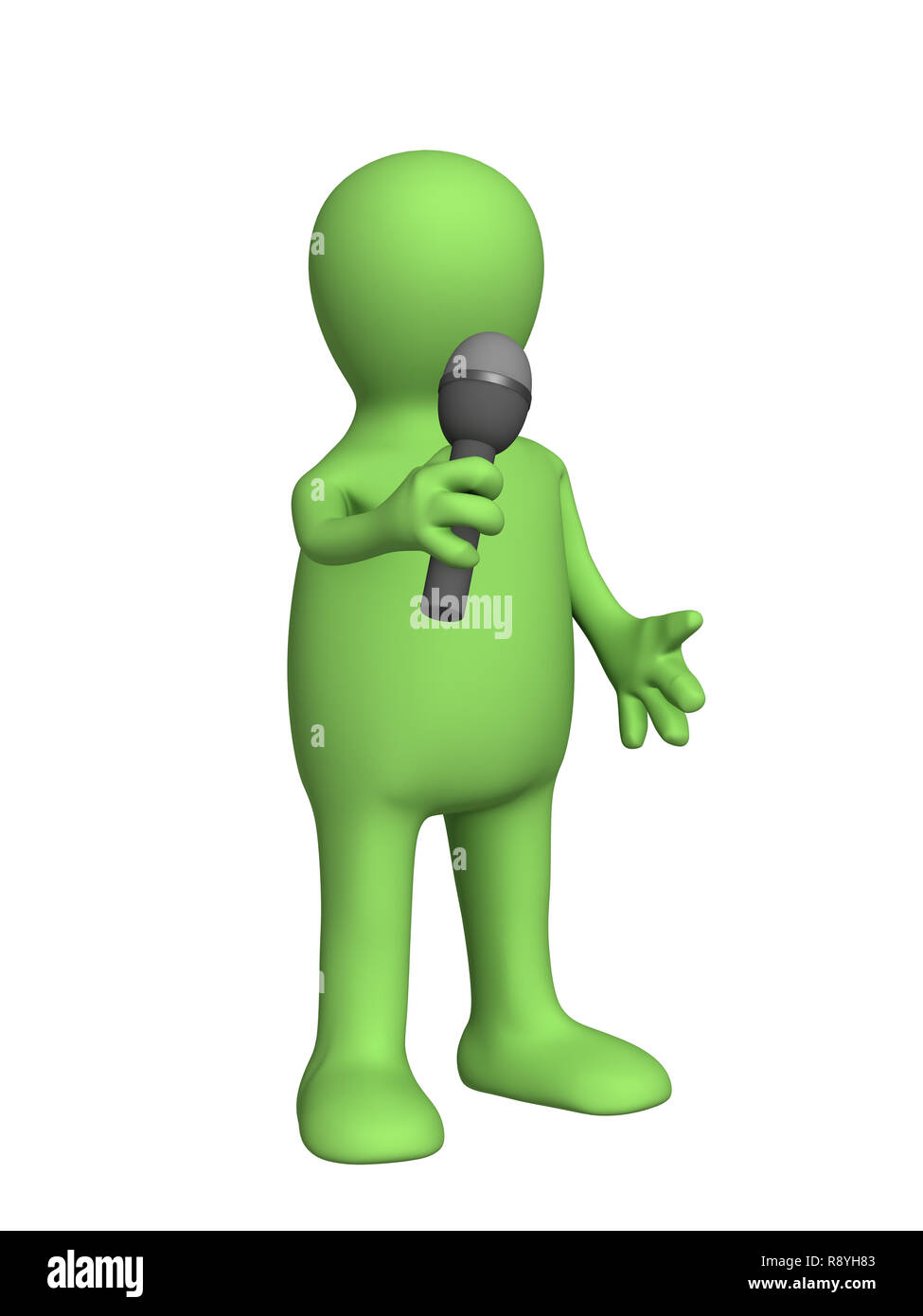 The 3d person - puppet, singing with a microphone. Objects over white ...