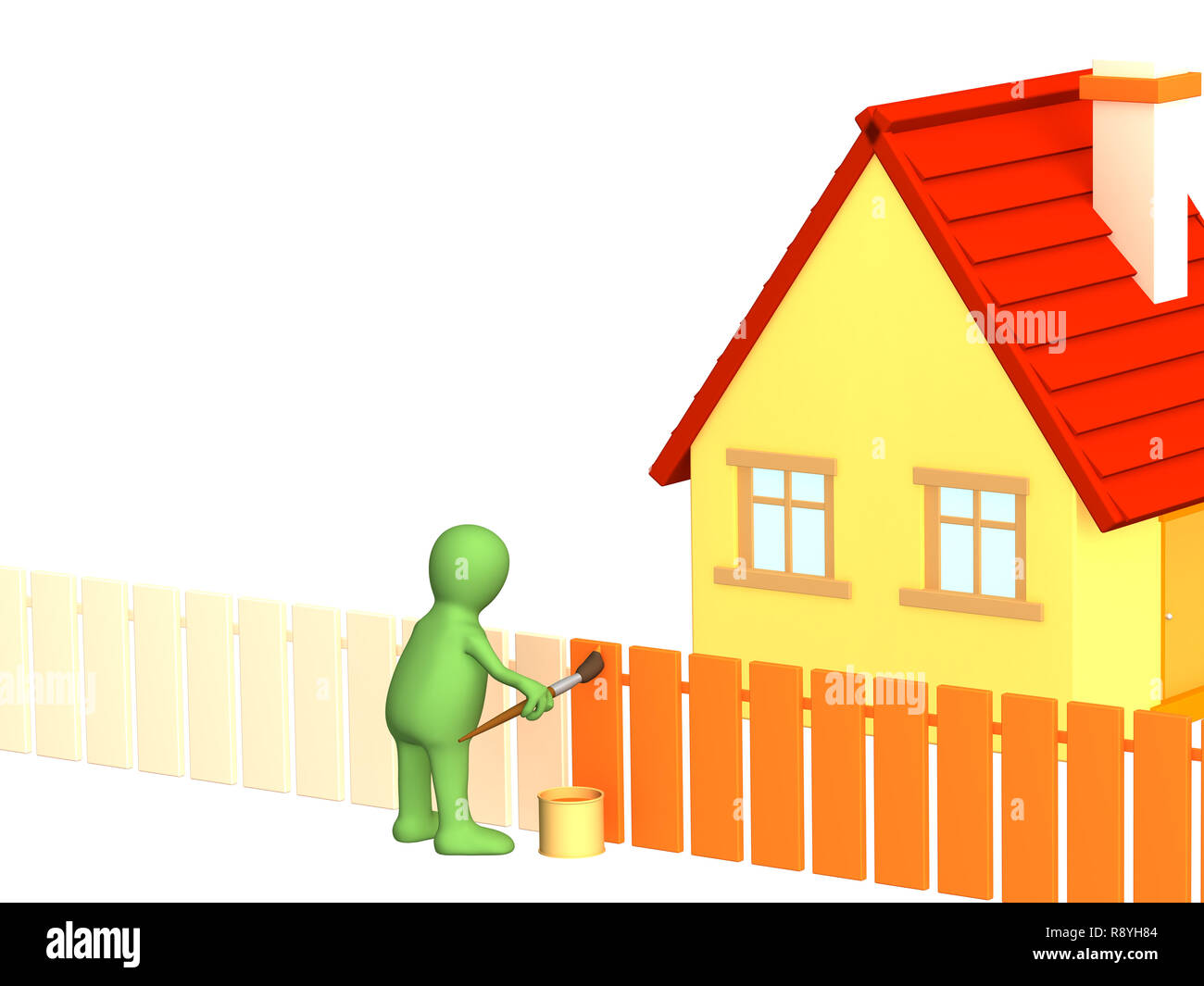 The 3d person - puppet, painting fence in orange color. Objects over ...