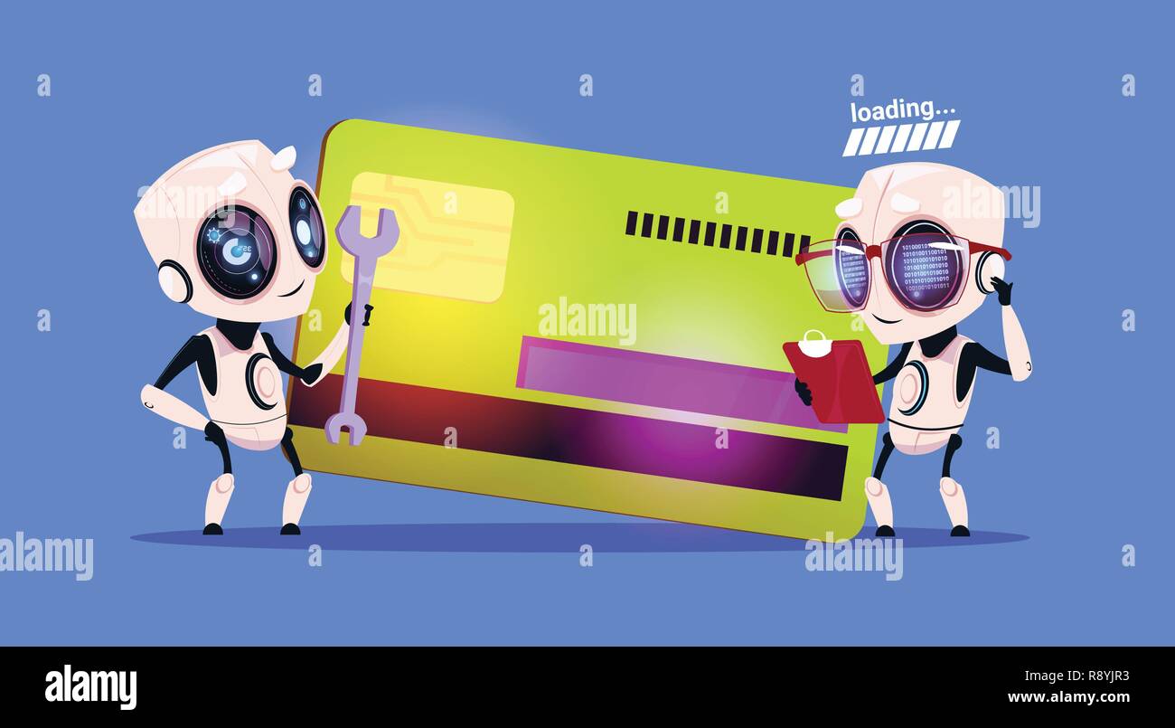 Modern Robots Standing Over Credit Card Reading Documents And Holding ...