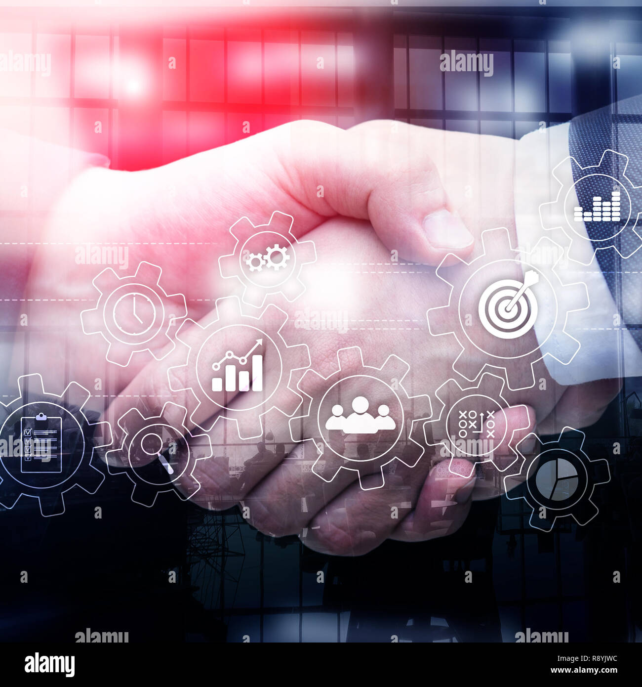 Business process automation concept. Gears and icons on abstract ...