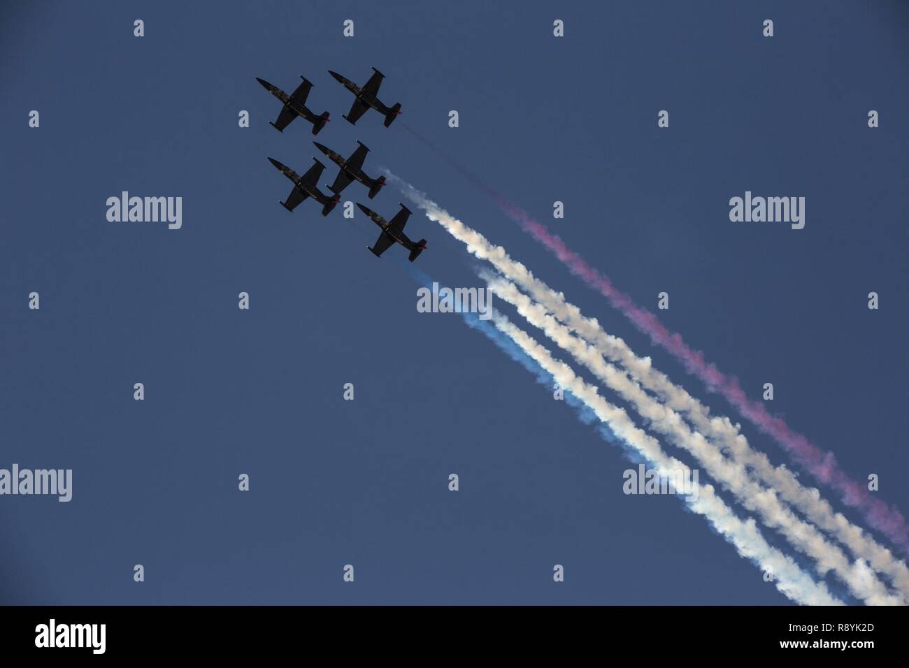 L-39 Albatros aircraft attached to the Patriots Jet Team perform aerial ...