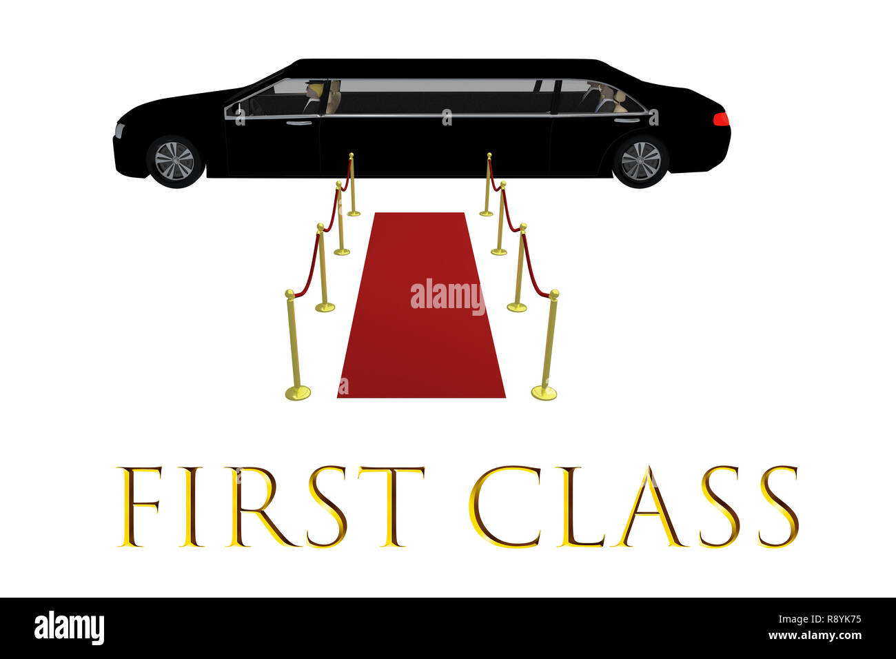 3D illustration of FIRST CLASS title in front of a red carpet in front ...