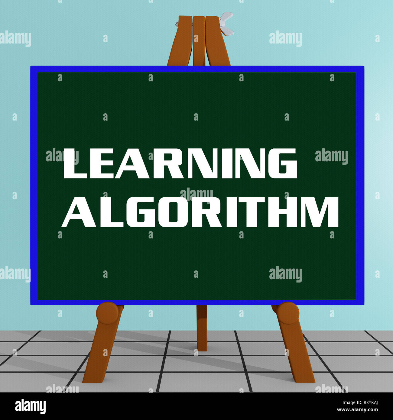 3D illustration of LEARNING ALGORITHM title on a tripod display board ...