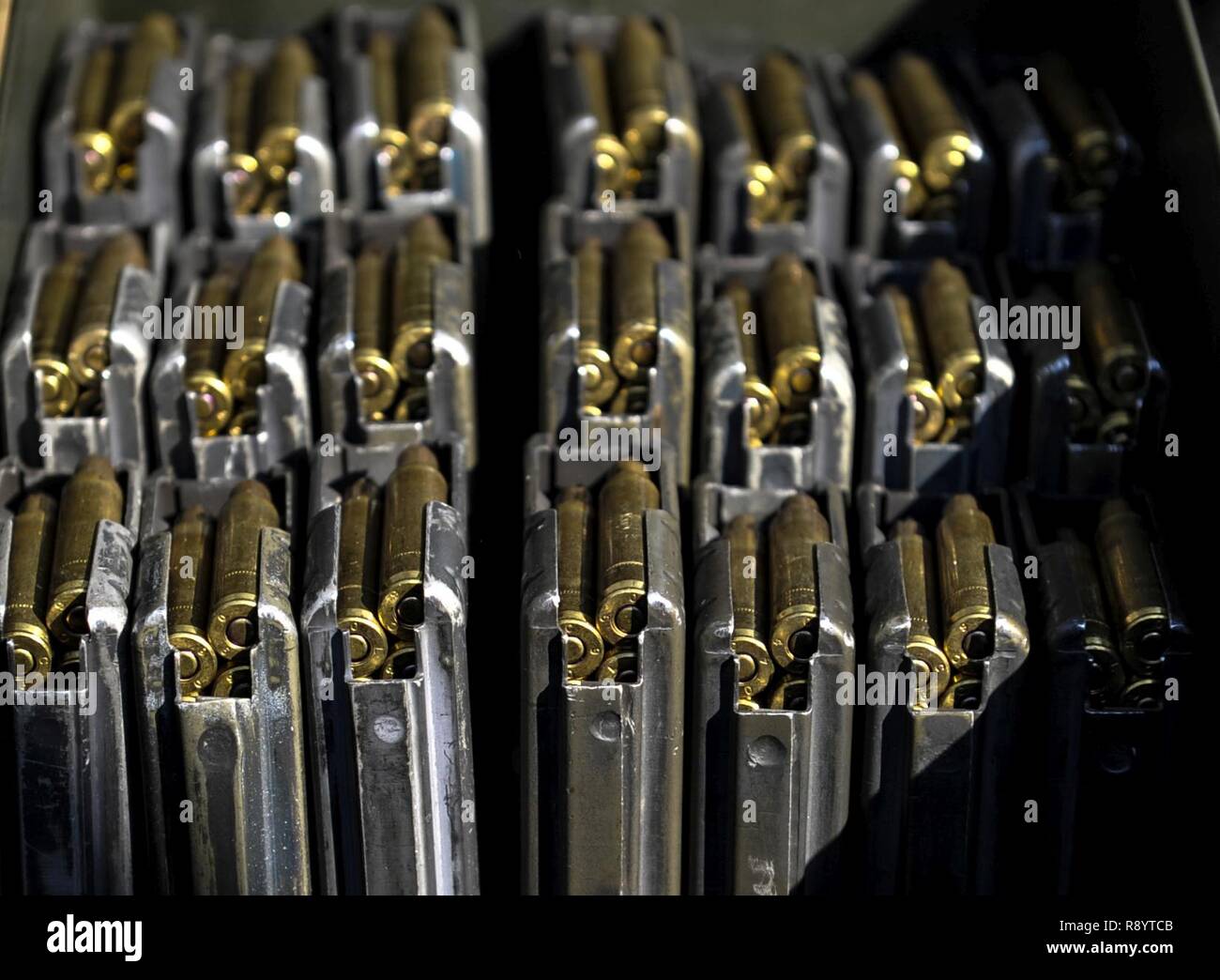 A crate of blank 5.56mm ammunition sits open before being distributed ...