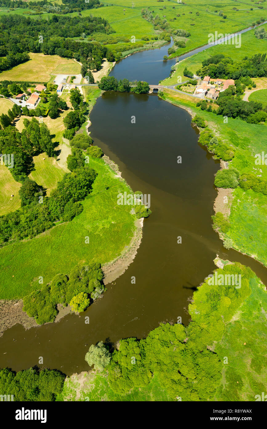 Aerial view over the green landscape of the Goulaine marsh, in the wine ...