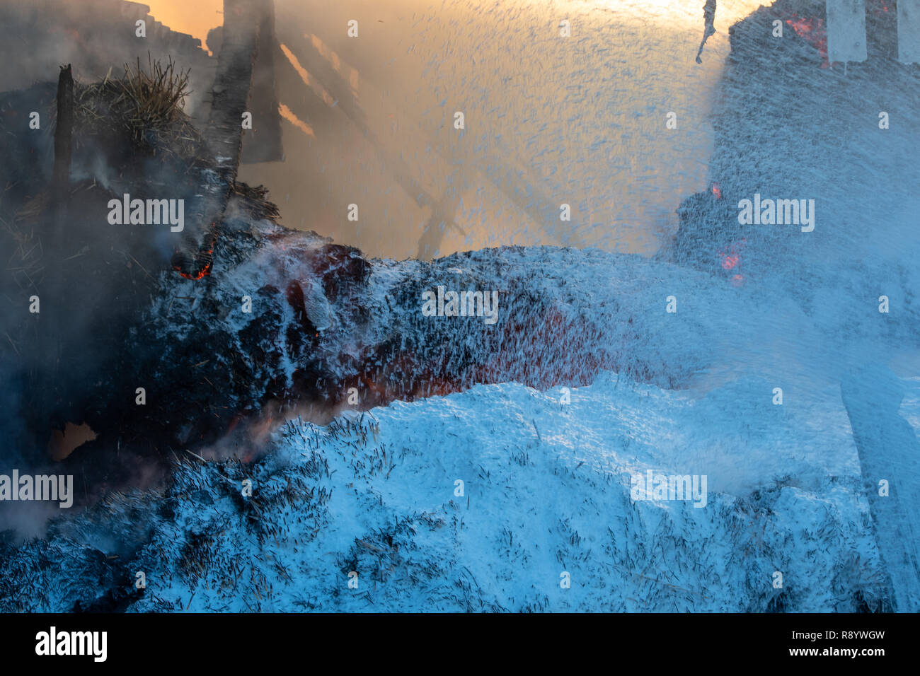 Barn fire being attended to by Fire Crew. Cumbria, UK Stock Photo - Alamy