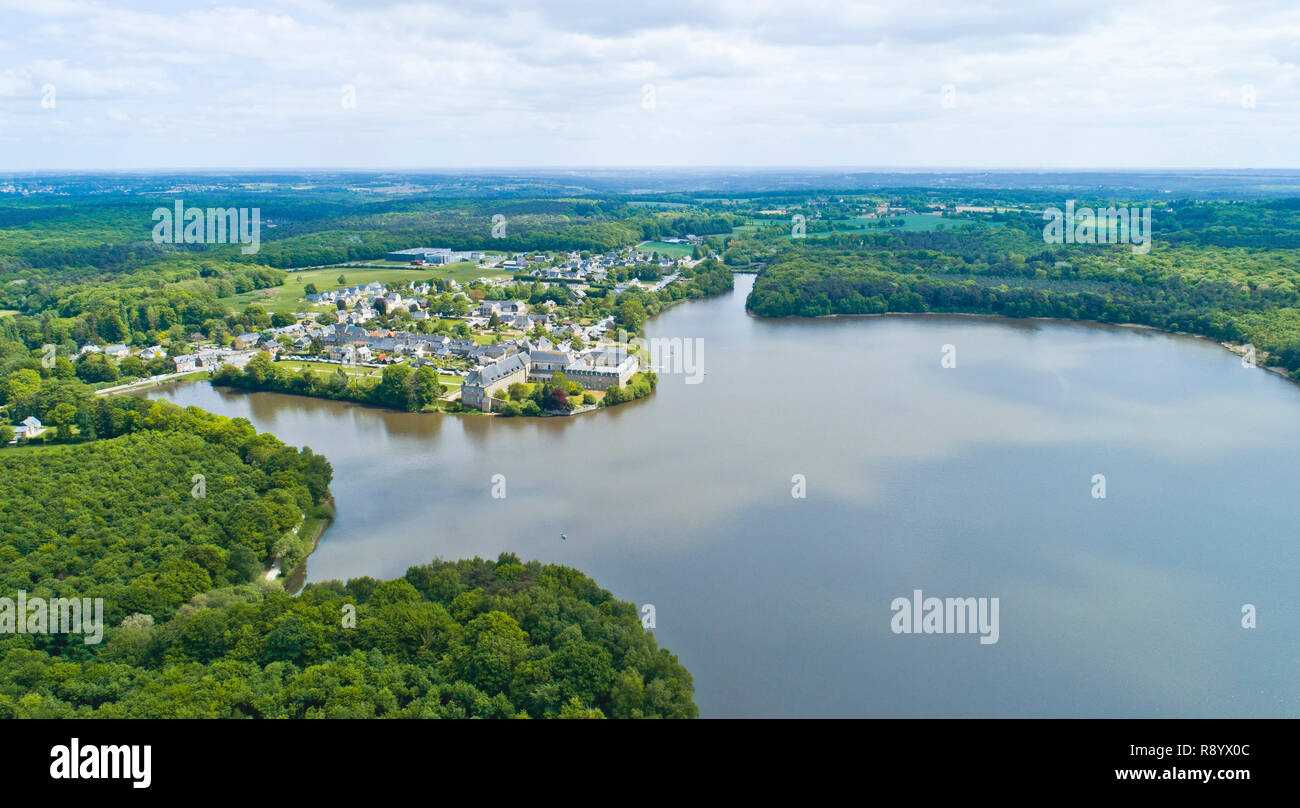 Paimpont (Brittany, north-western France): pond and Abbey of Notre-Dame ...