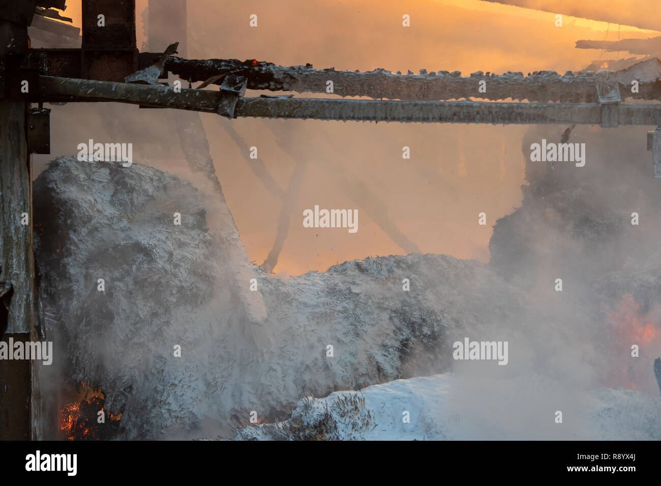 Barn fire being attended to by Fire Crew. Cumbria, UK Stock Photo - Alamy