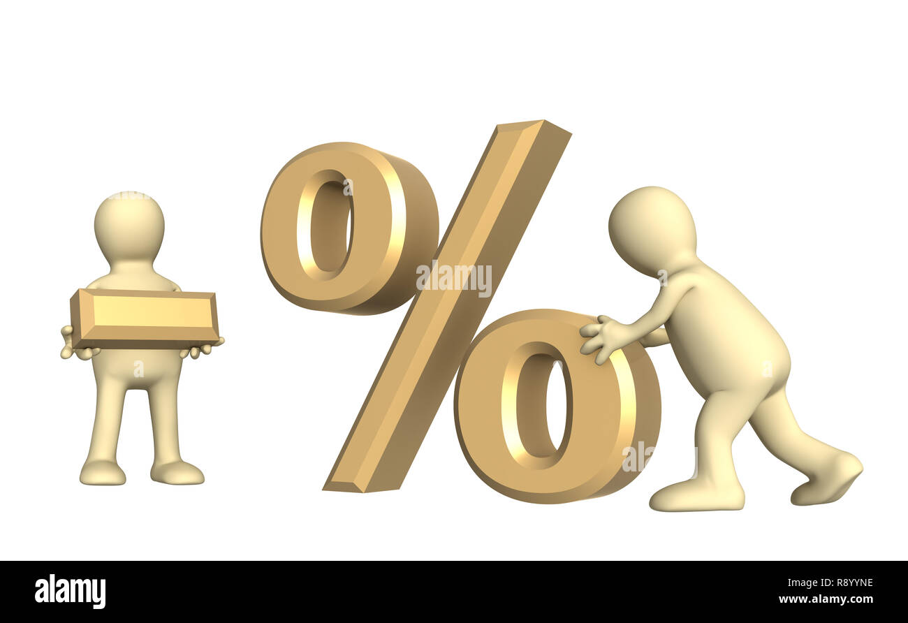 3d puppets, holding in hands symbols minus and percent Stock Photo - Alamy