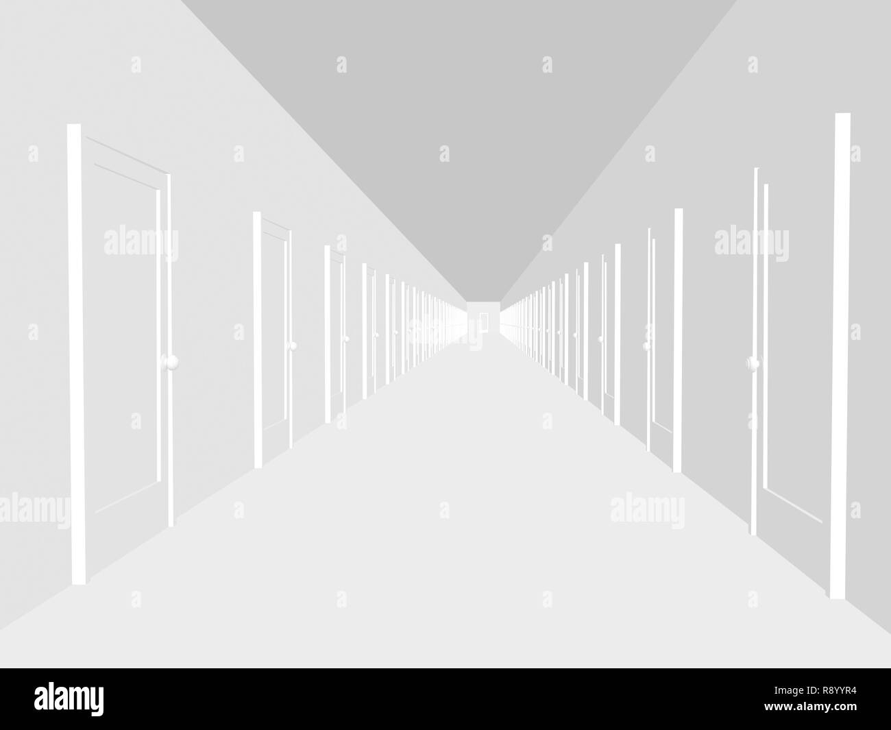 Abstract white corridor with the closed doors Stock Photo - Alamy