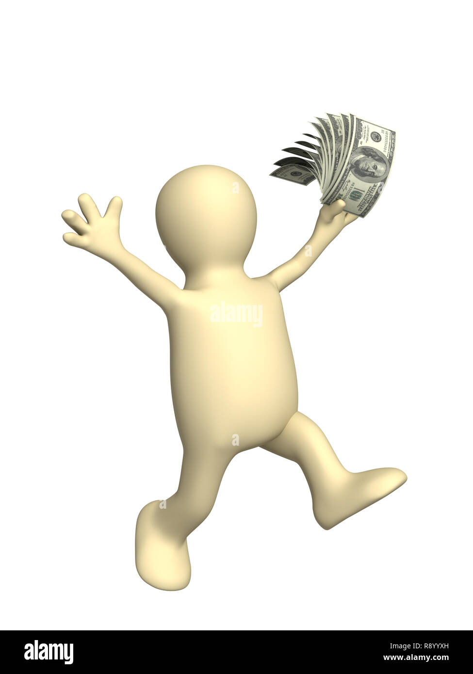 Happy puppet with dollars in a hand Stock Photo - Alamy