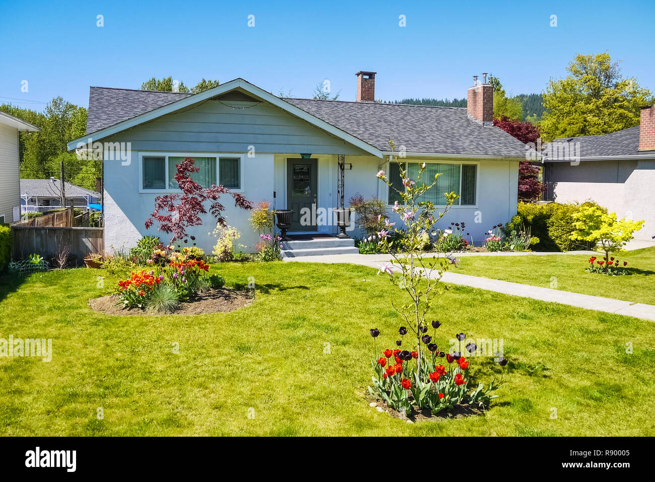 Average family house with concrete pathway over front yard. Residential ...