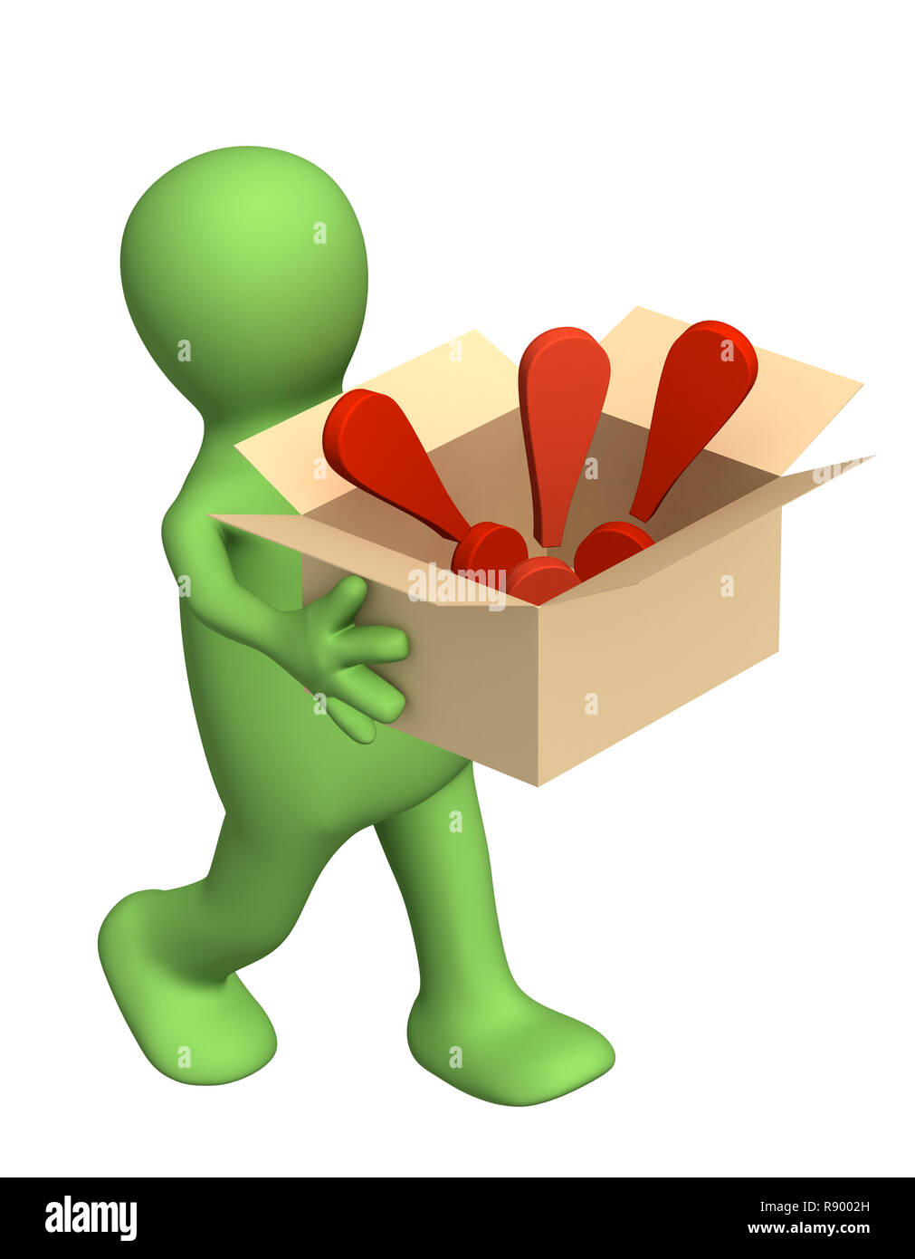 Puppet, carrying a box with exclamation marks Stock Photo - Alamy