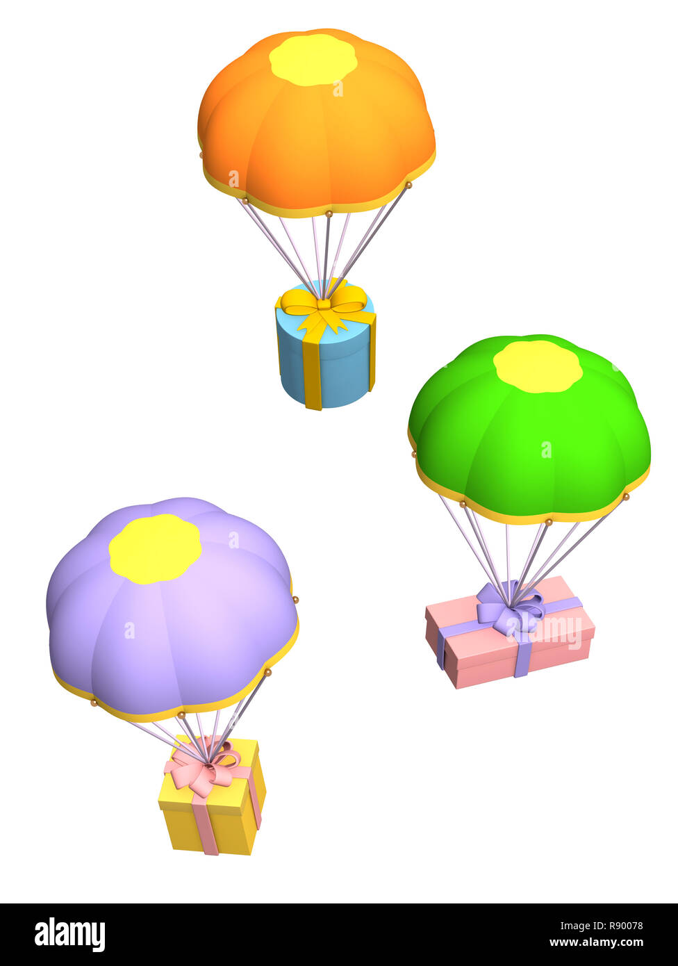 3d gifts flying on multi-coloured parachutes Stock Photo - Alamy