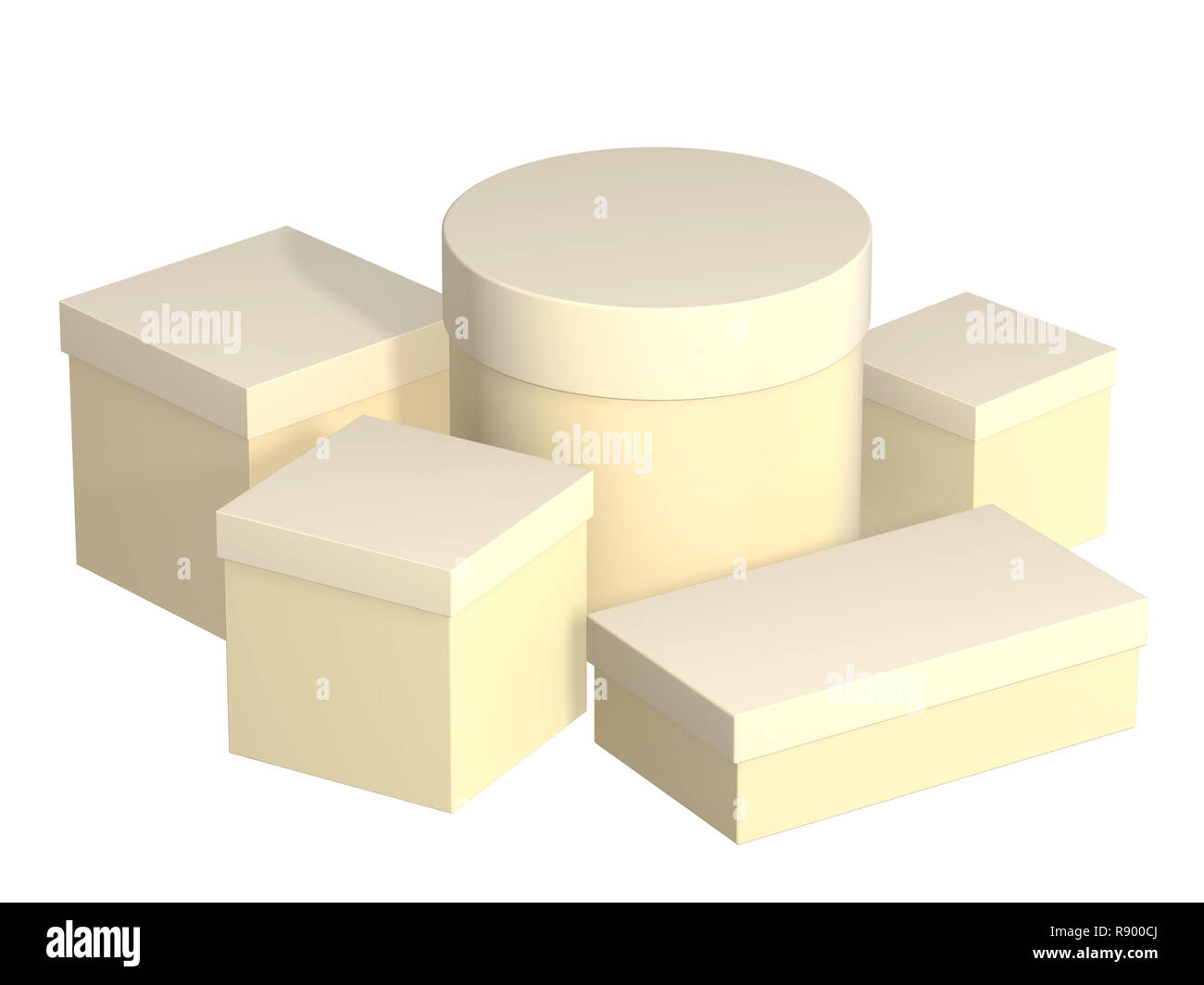 Five 3d boxes. Object over white Stock Photo - Alamy