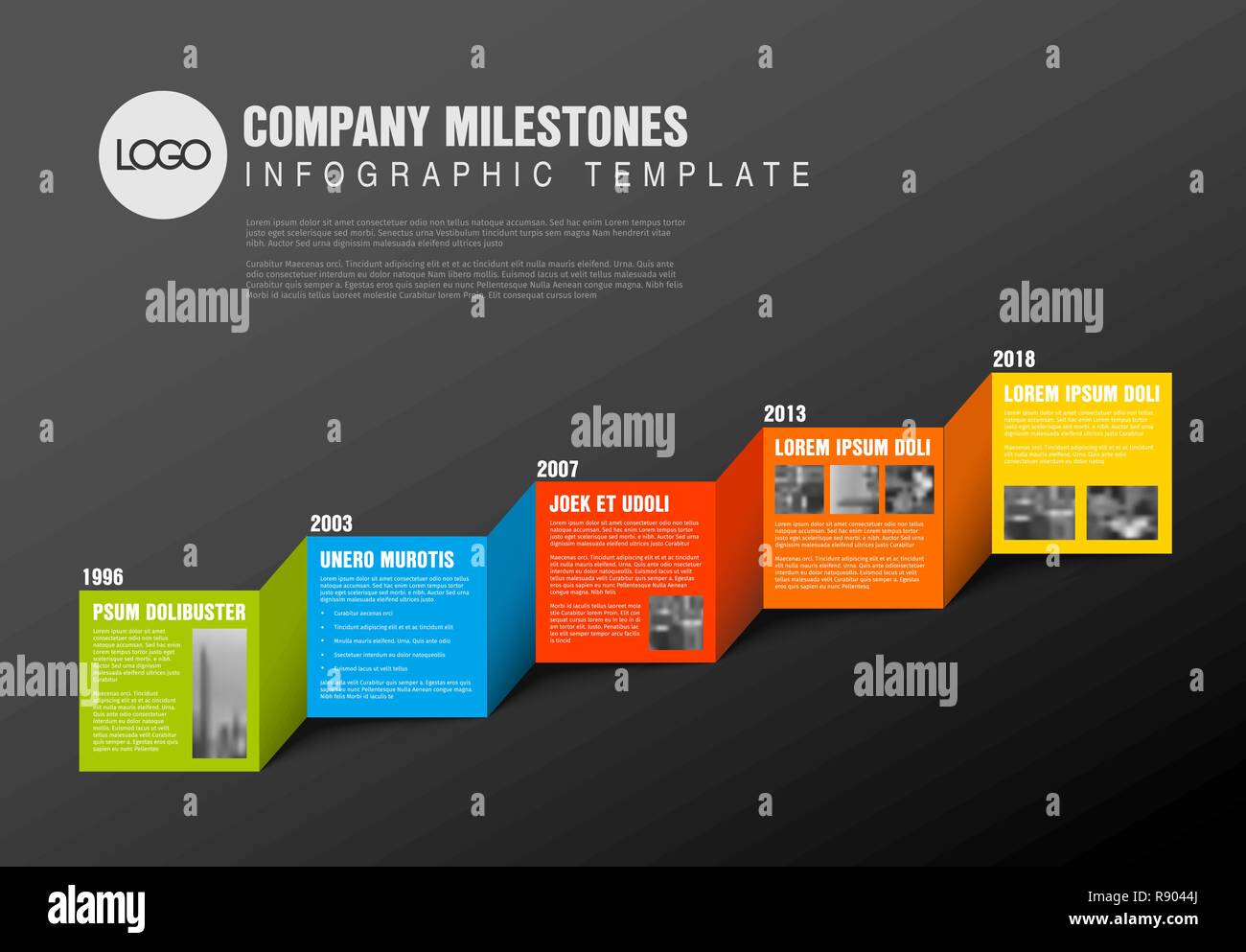 Color blocks timeline template with sample photos and text content made ...
