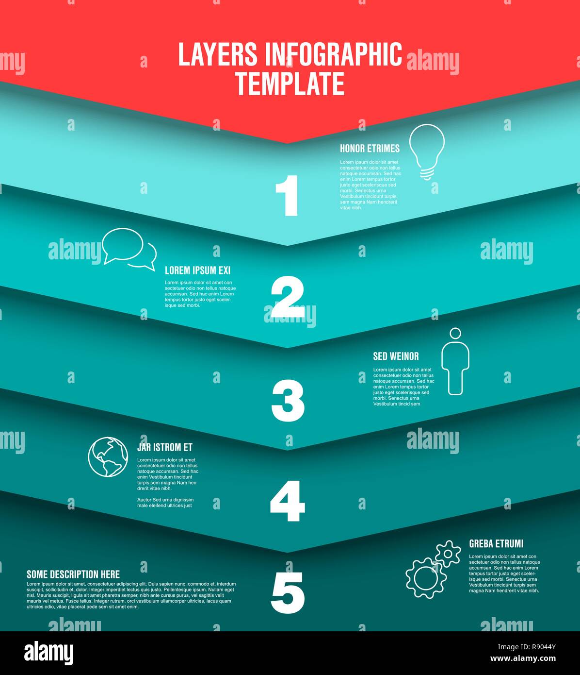 Vector Infographic layers template with five levels for material structure - teal and red ...
