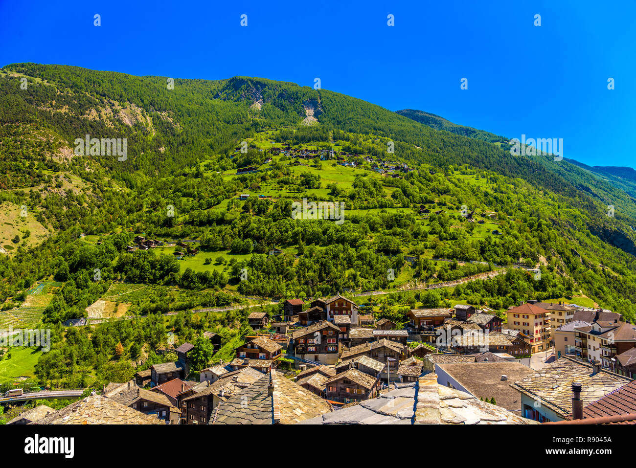 Swiss Alps village in mountains valley, Stalden, Staldenried, Visp ...