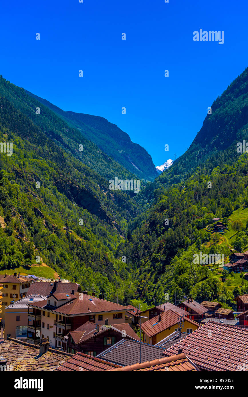 Swiss Alps village in mountains valley, Stalden, Staldenried, Visp ...
