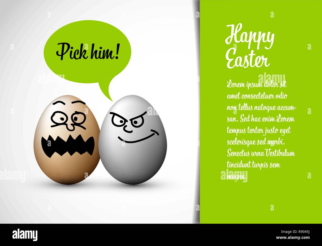 Funny easter card with easter eggs and a speech bubble with text: Pick ...