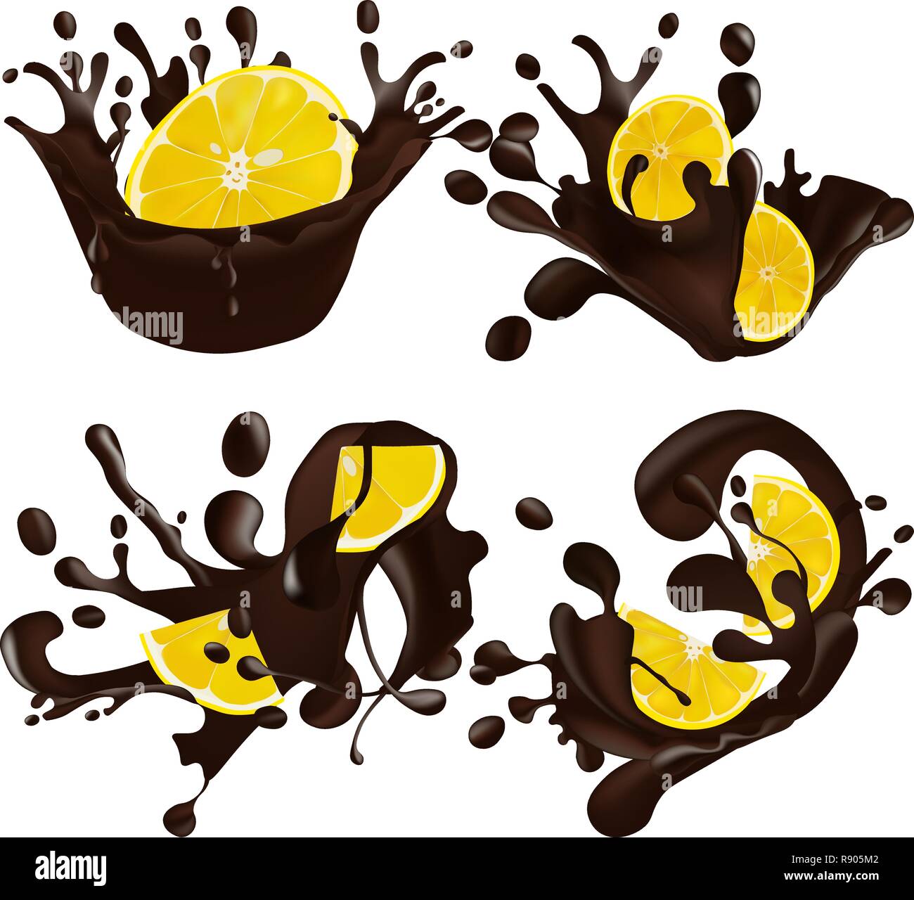 Set of realistic chocolate splashes together lemon isolated on a white ...