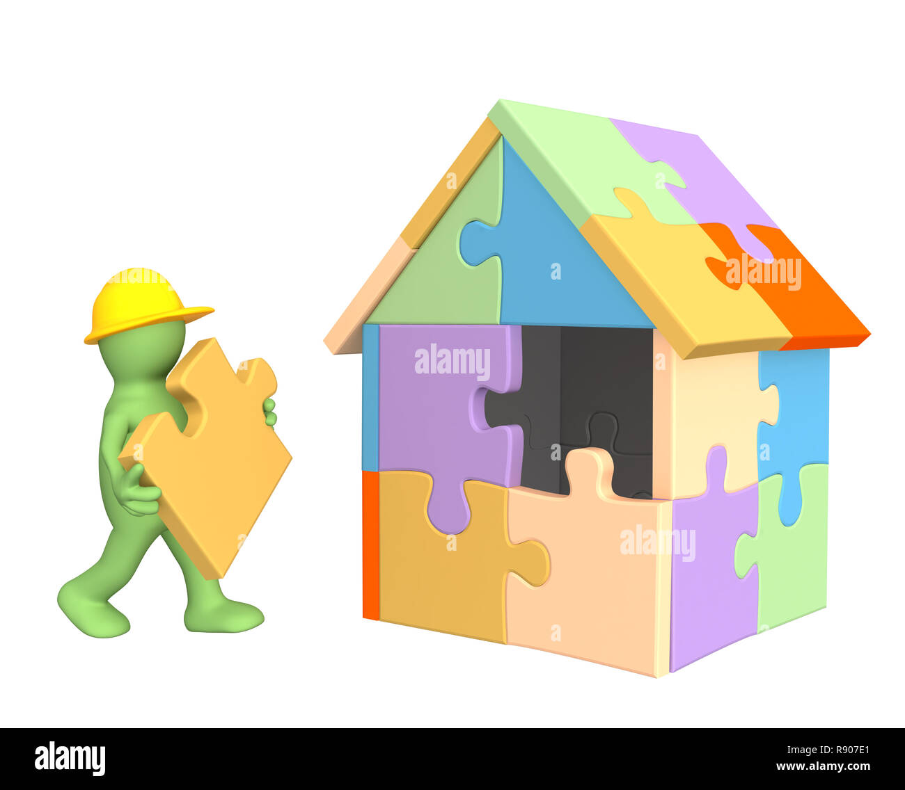 3d working puppet building the house . Object over white Stock Photo ...