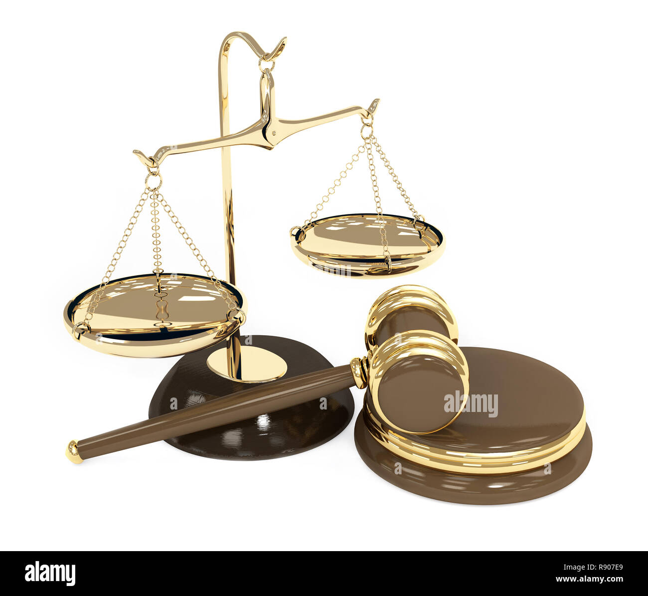 Gold scales and auction hammer. Objects over white Stock Photo - Alamy